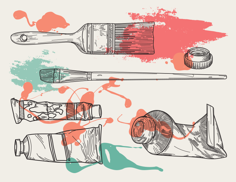 A set of line artwork paintbrushes, paint tubes and paint to use in ...