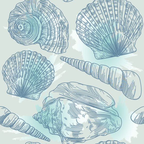 A summery seamless seashell pattern set up on a splashy watercolor ...