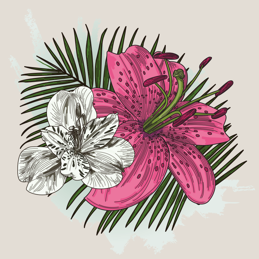 A bright and colourful couple of lilies on a palm leaf and watercolour ...