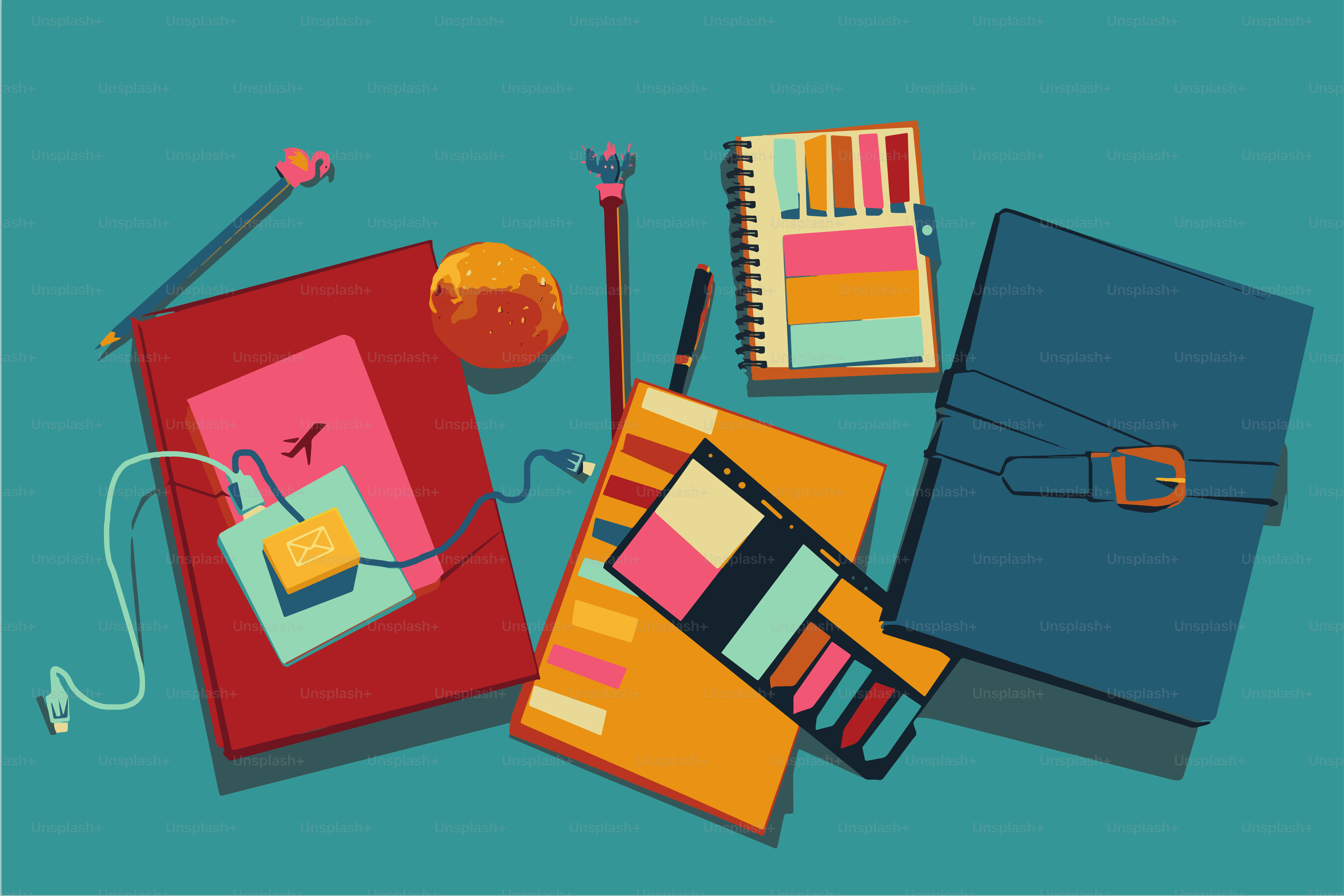 Top view of a modern office desktop with notes, notebooks, sticky notes ...