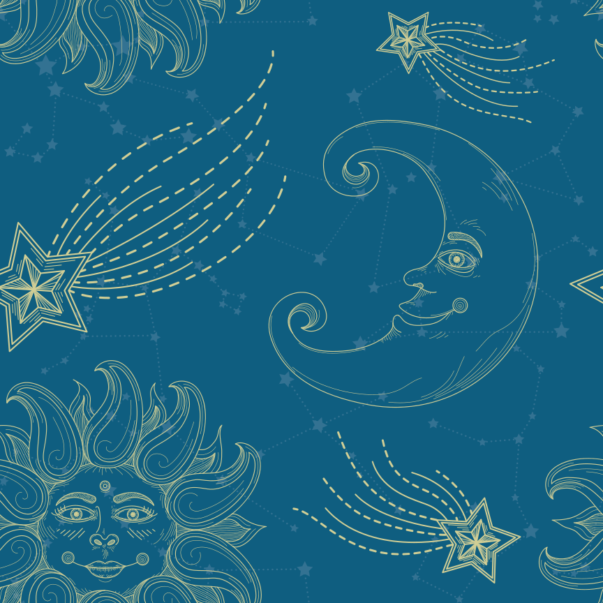 A woodcut styled celestial night sky pattern featuring suns, moons and ...