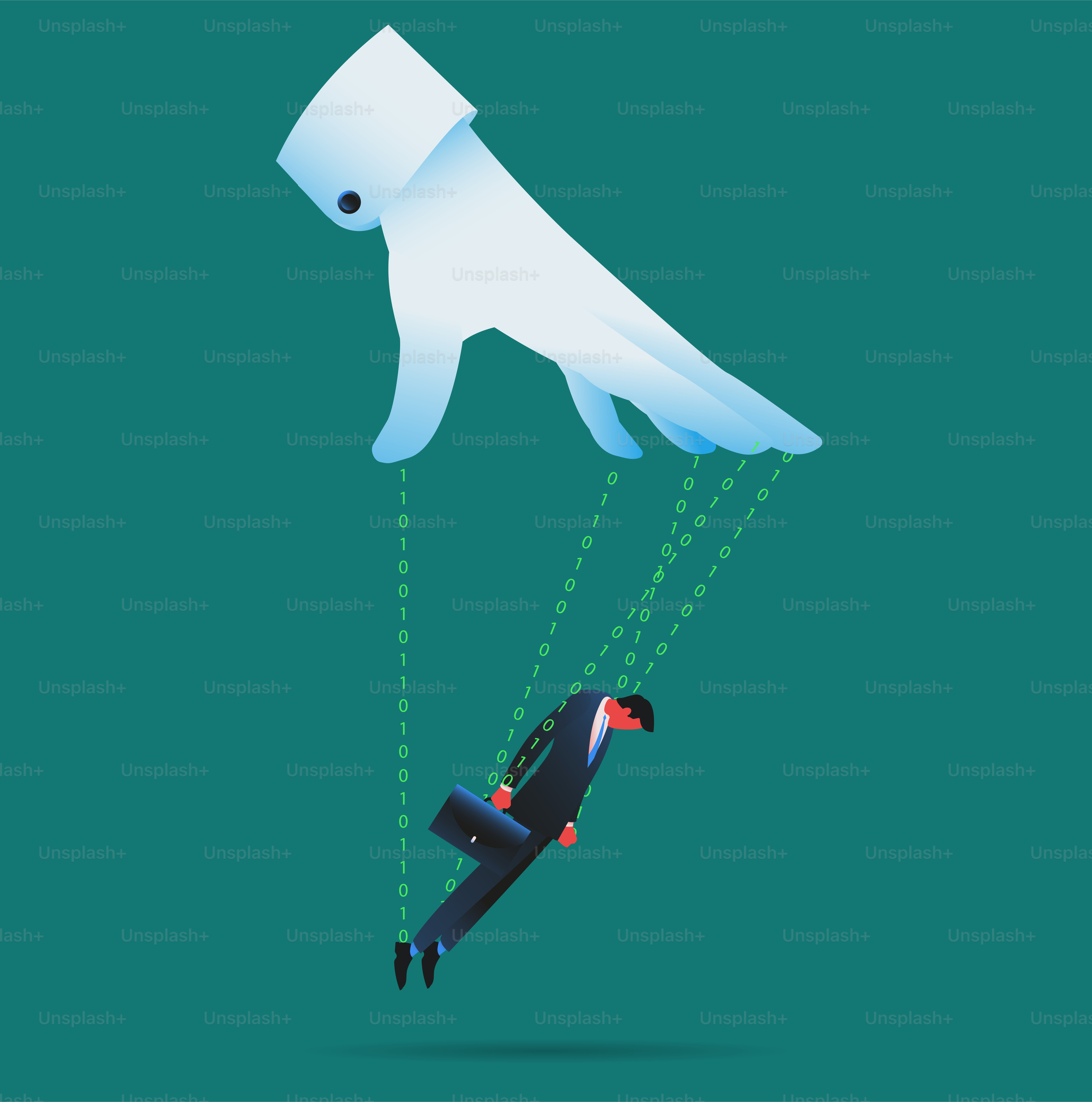 Mão gigante manipulando o homem por linhas de código binário. Conceito ...