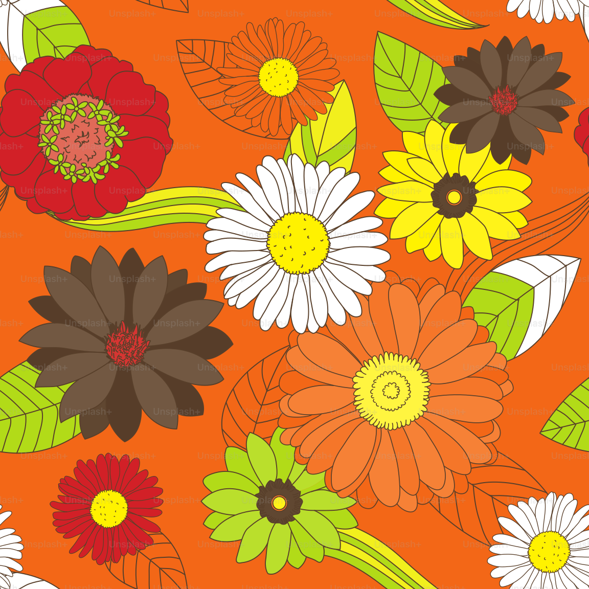 A simple retro groovy floral seamless pattern or background featuring a ...