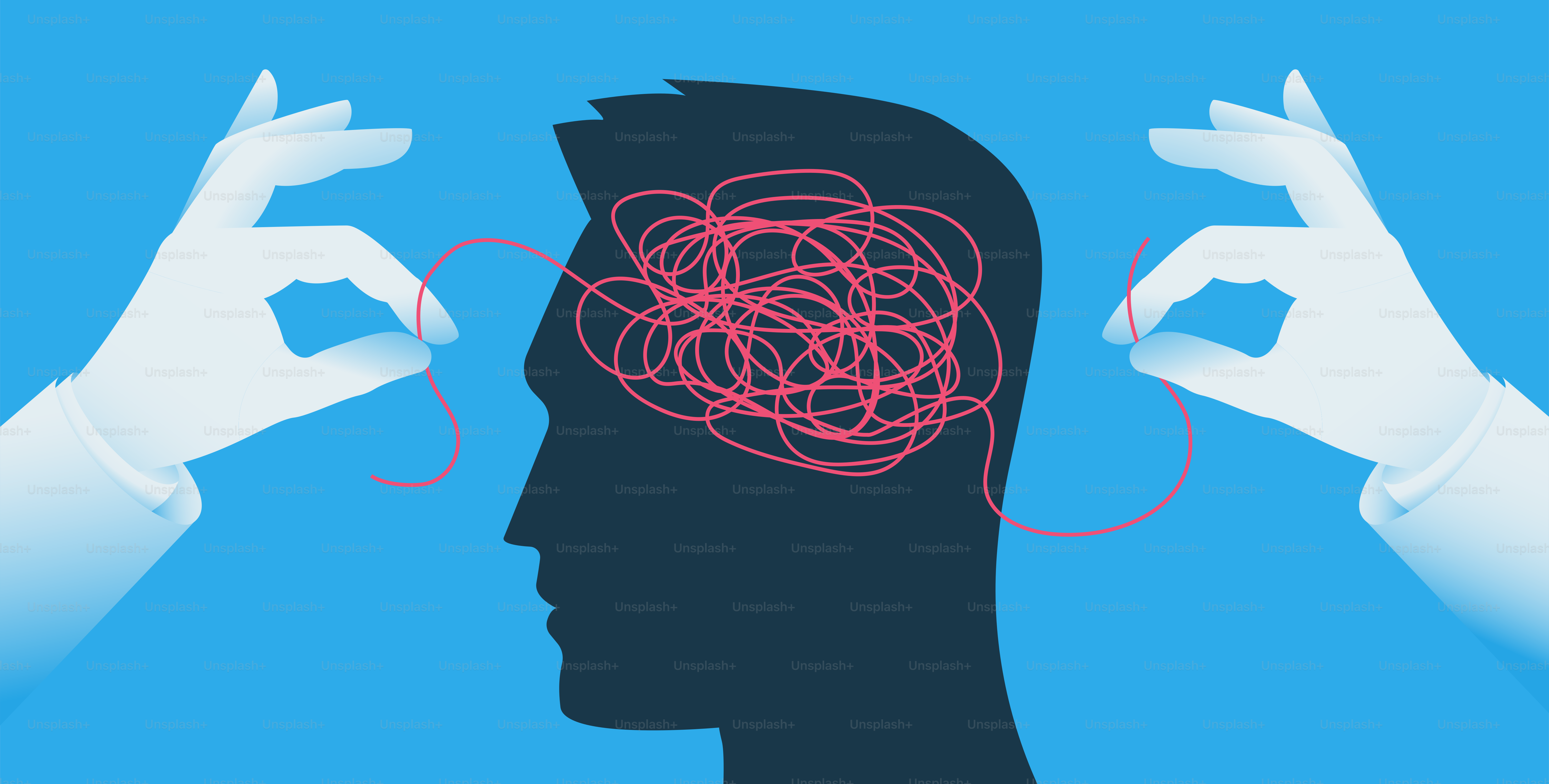 Doctor unraveling tangled threads in human head. Mental health and ...