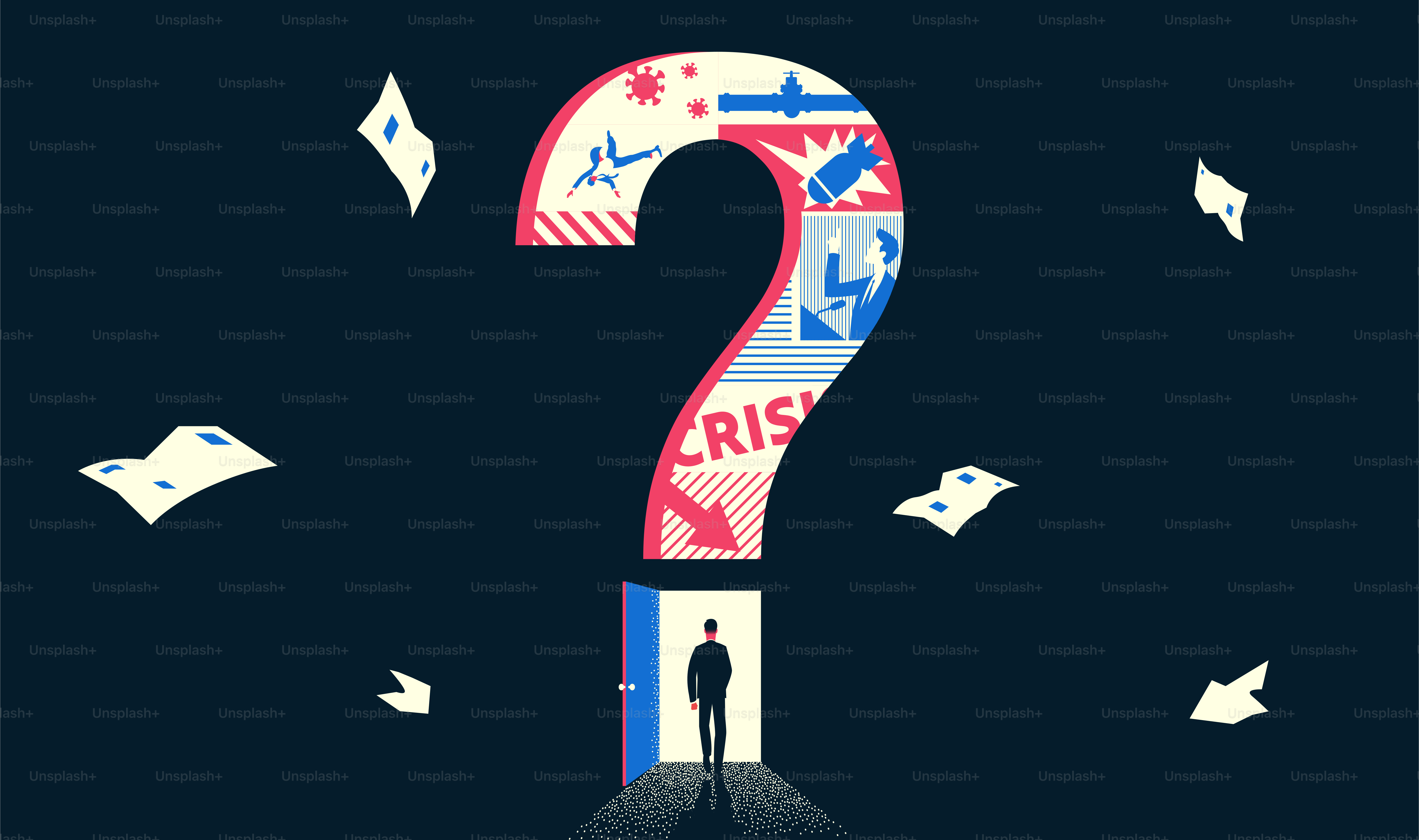 Man entering the door in a big question mark. Financial crisis, banking ...