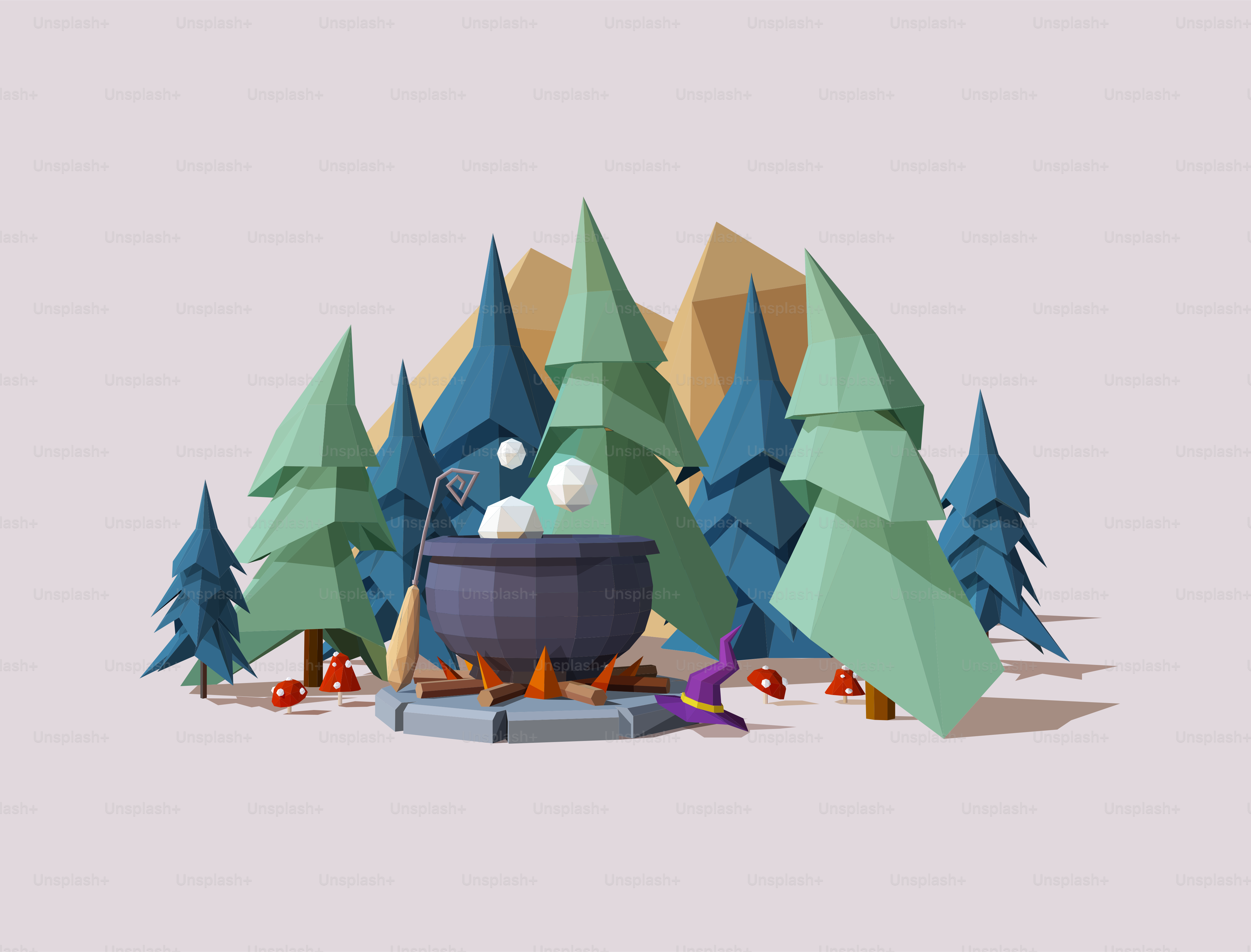 Low poly landscape scene, witch's cauldron, fantasy theme. Vector ...