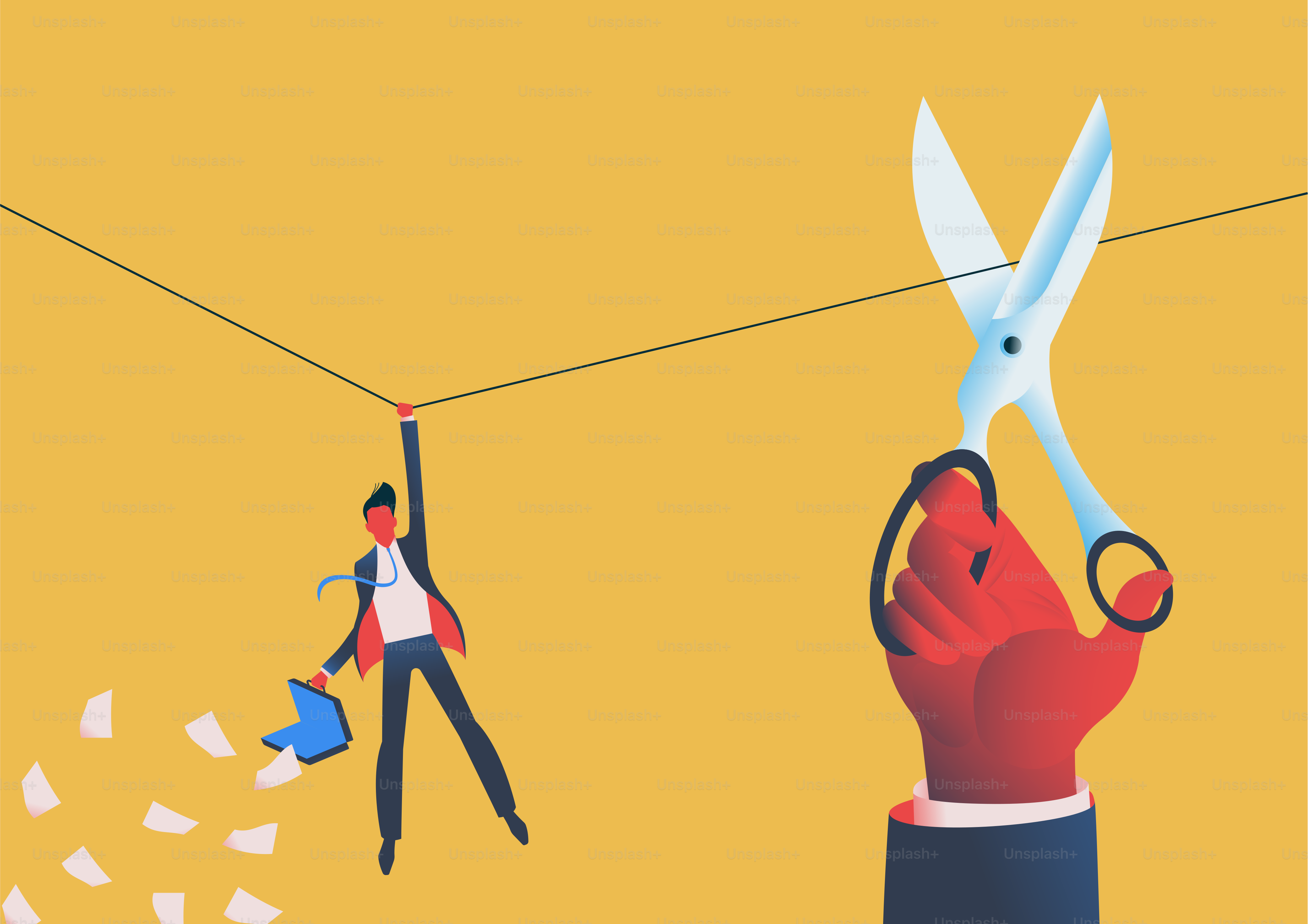 Businessman hol ding a rope meanwhile giant hand holding scissors ...