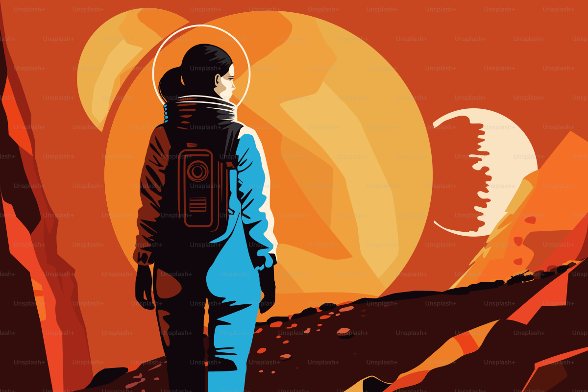 Human Space Colonization Poster. Woman Astronaut on Surface of a Planet ...