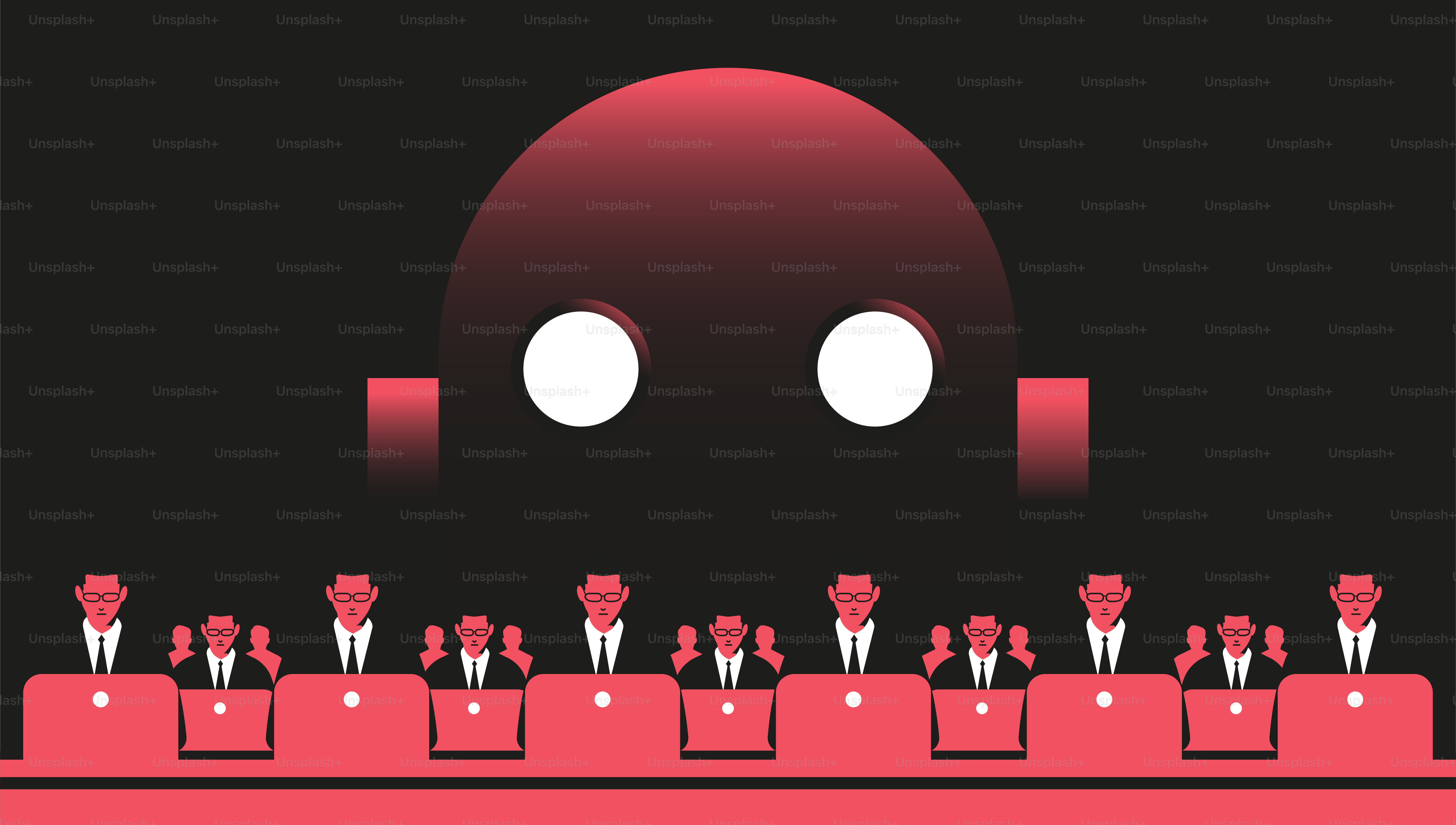 Vektor Karyawan bekerja di komputer dan robot raksasa di belakang ...