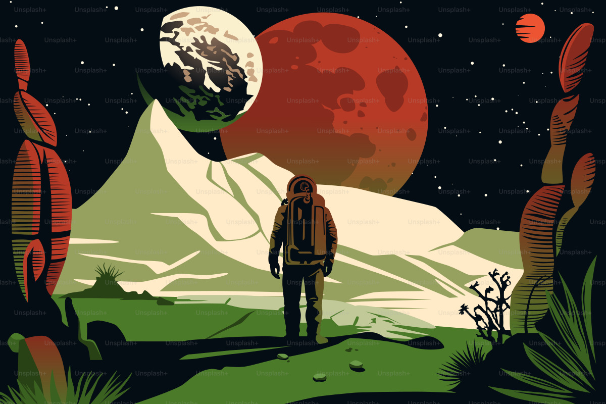 Human Space Colonization Poster. Astronaut-Explorer. Landscape of ...