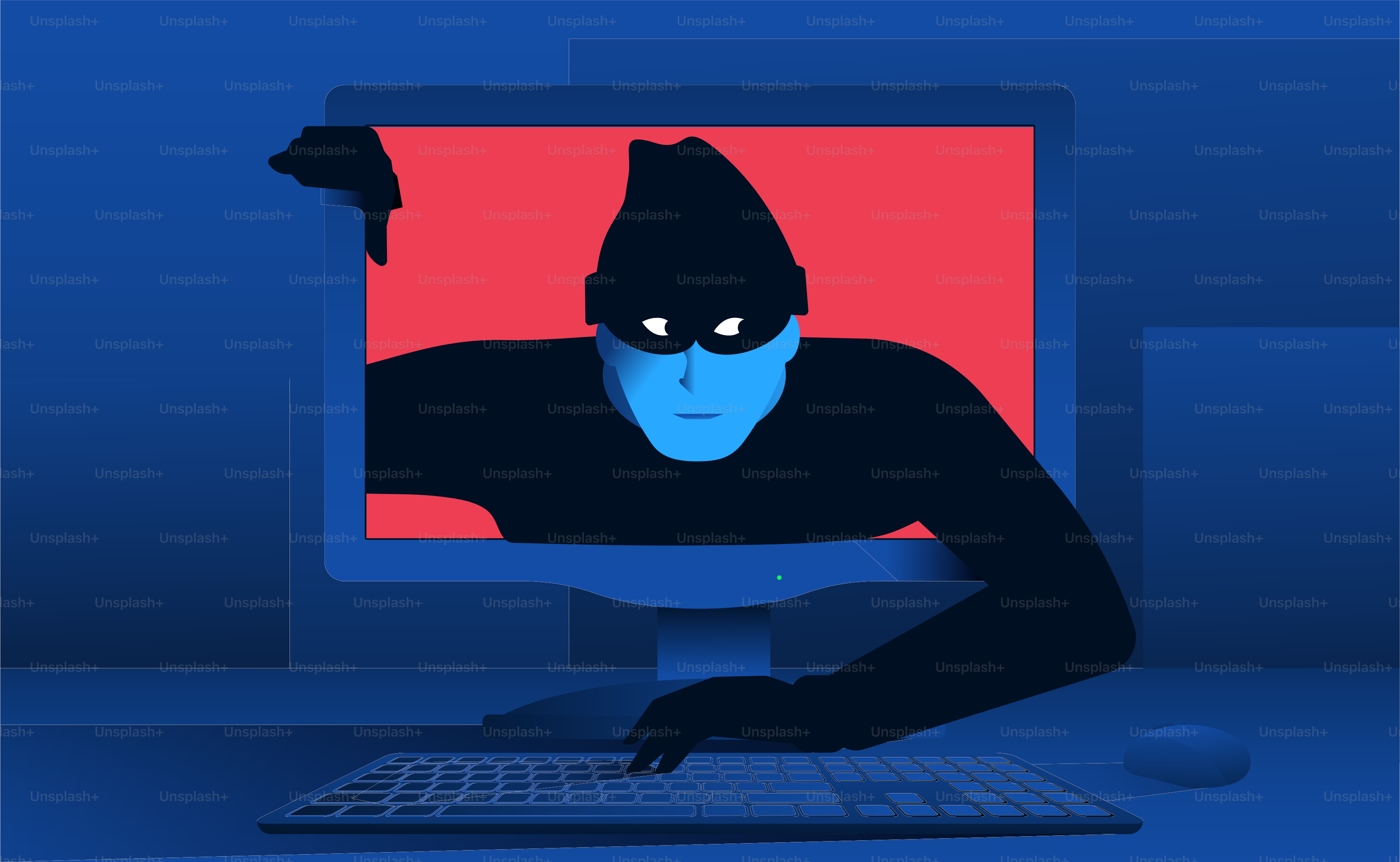 Thief getting out of computer monitor. Hacking, cybersecurity, internet ...