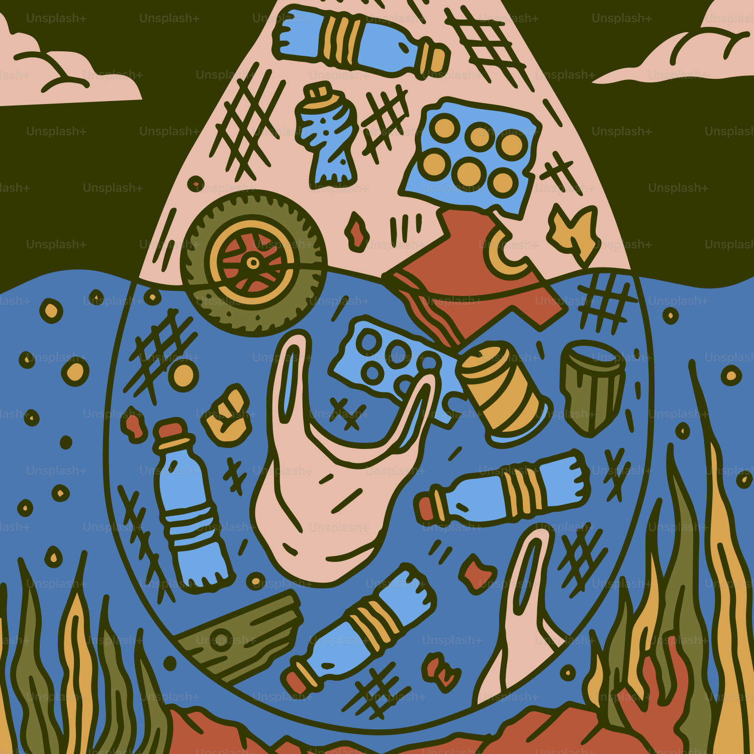 Un dibujo de una persona rodeada de objetos vector – Imagen de ...