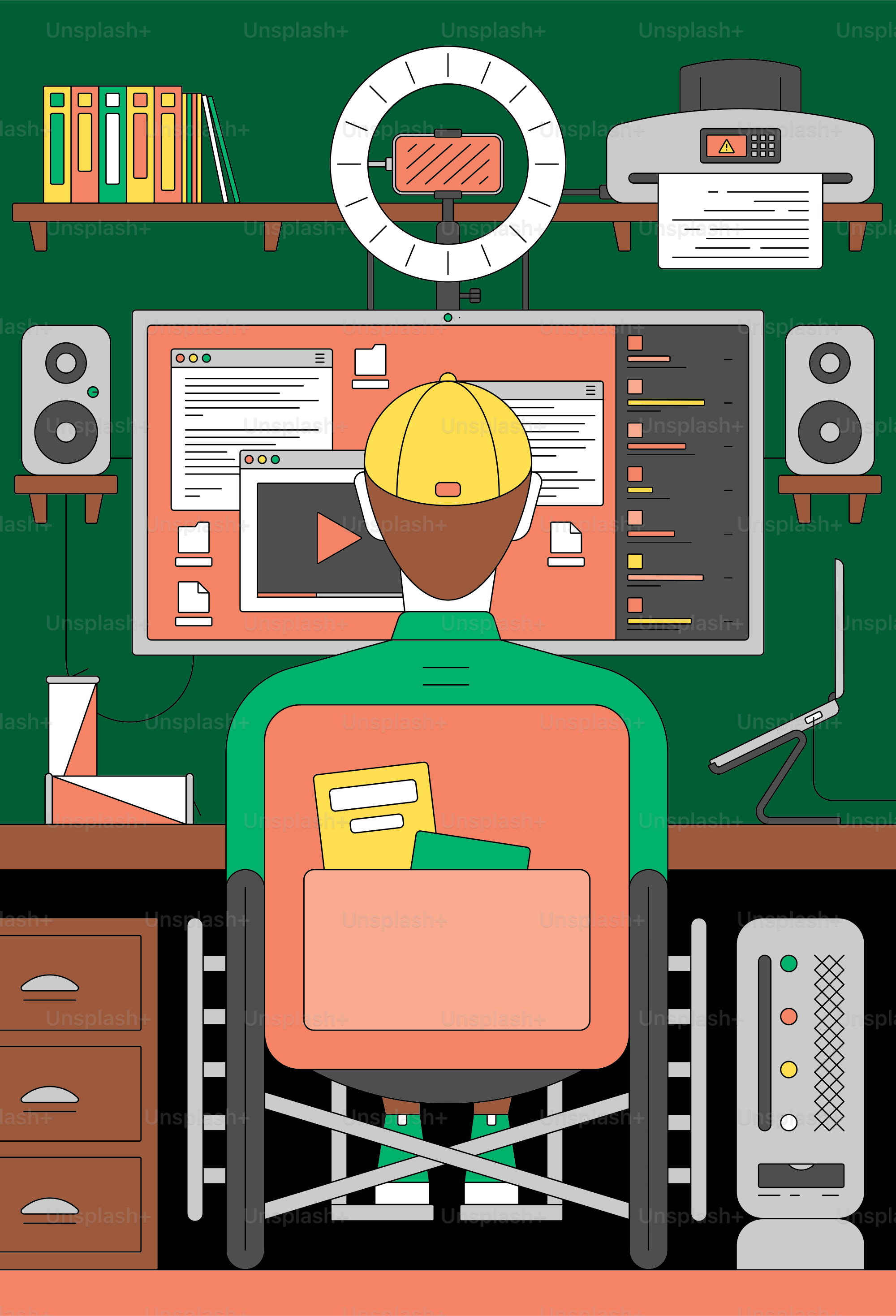 Una persona sentada en un escritorio con una computadora vector ...