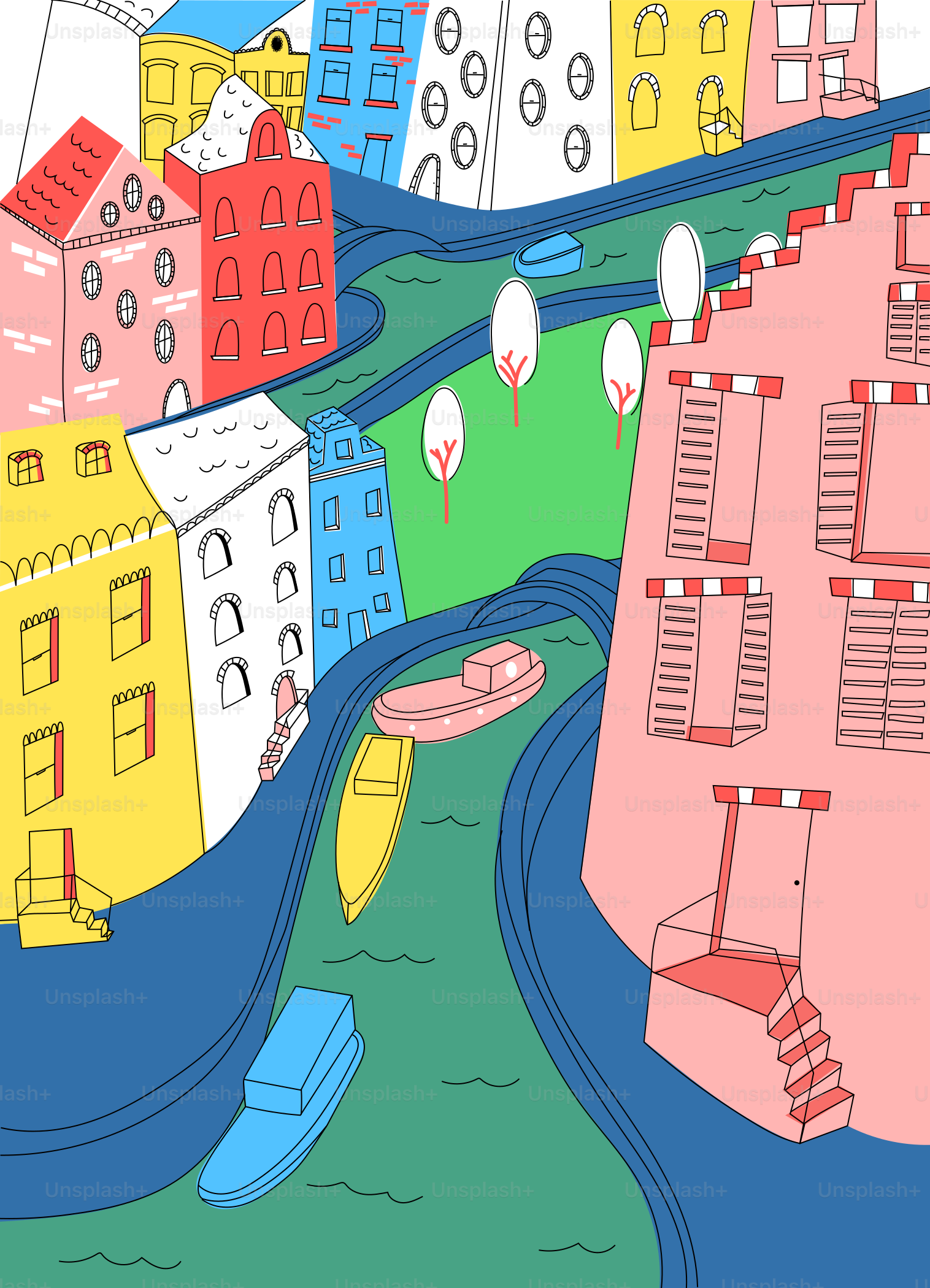 A drawing of a city with a river running through it vector – City Image ...