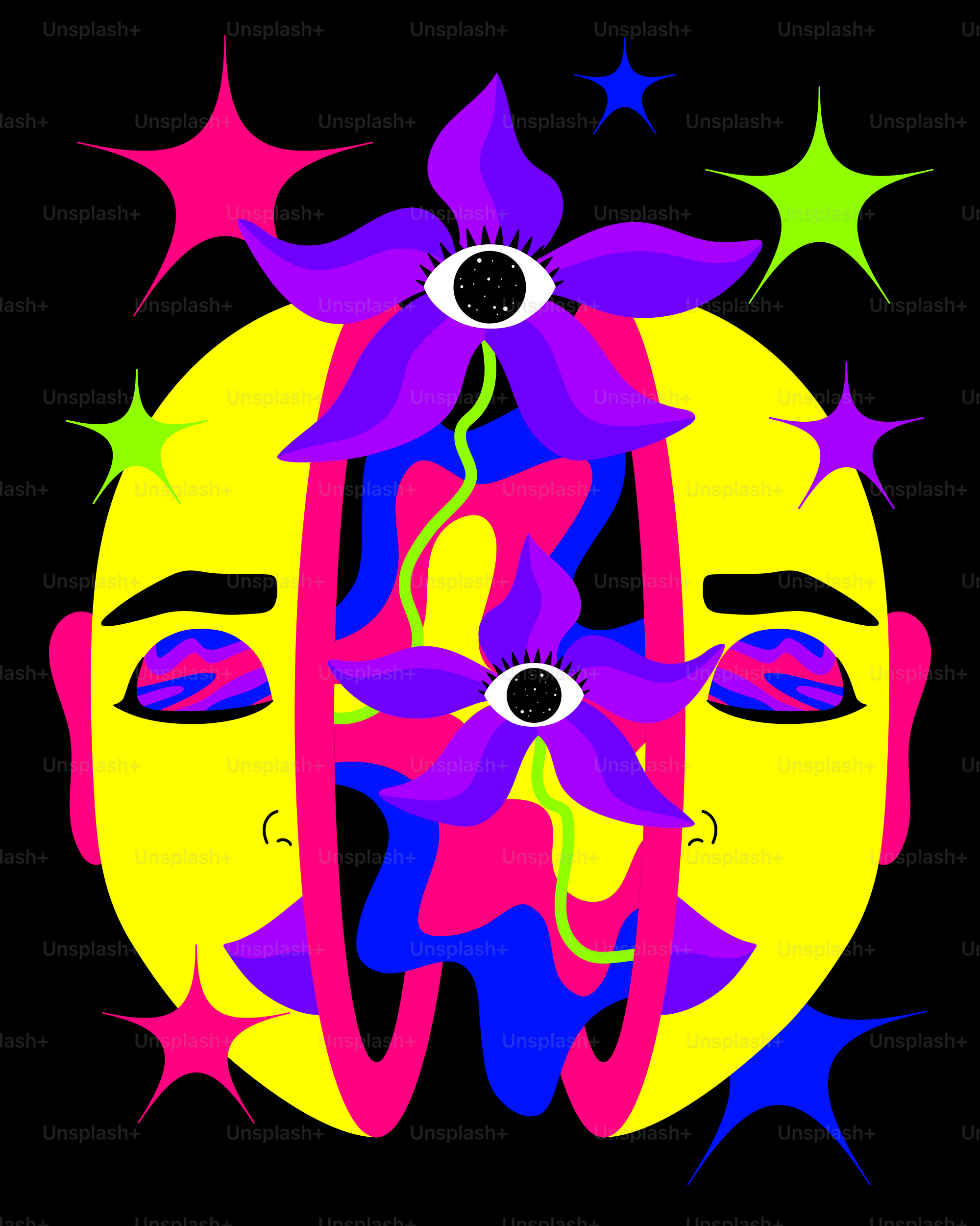 A stylized image of a face with stars around it vector – Brightly ...
