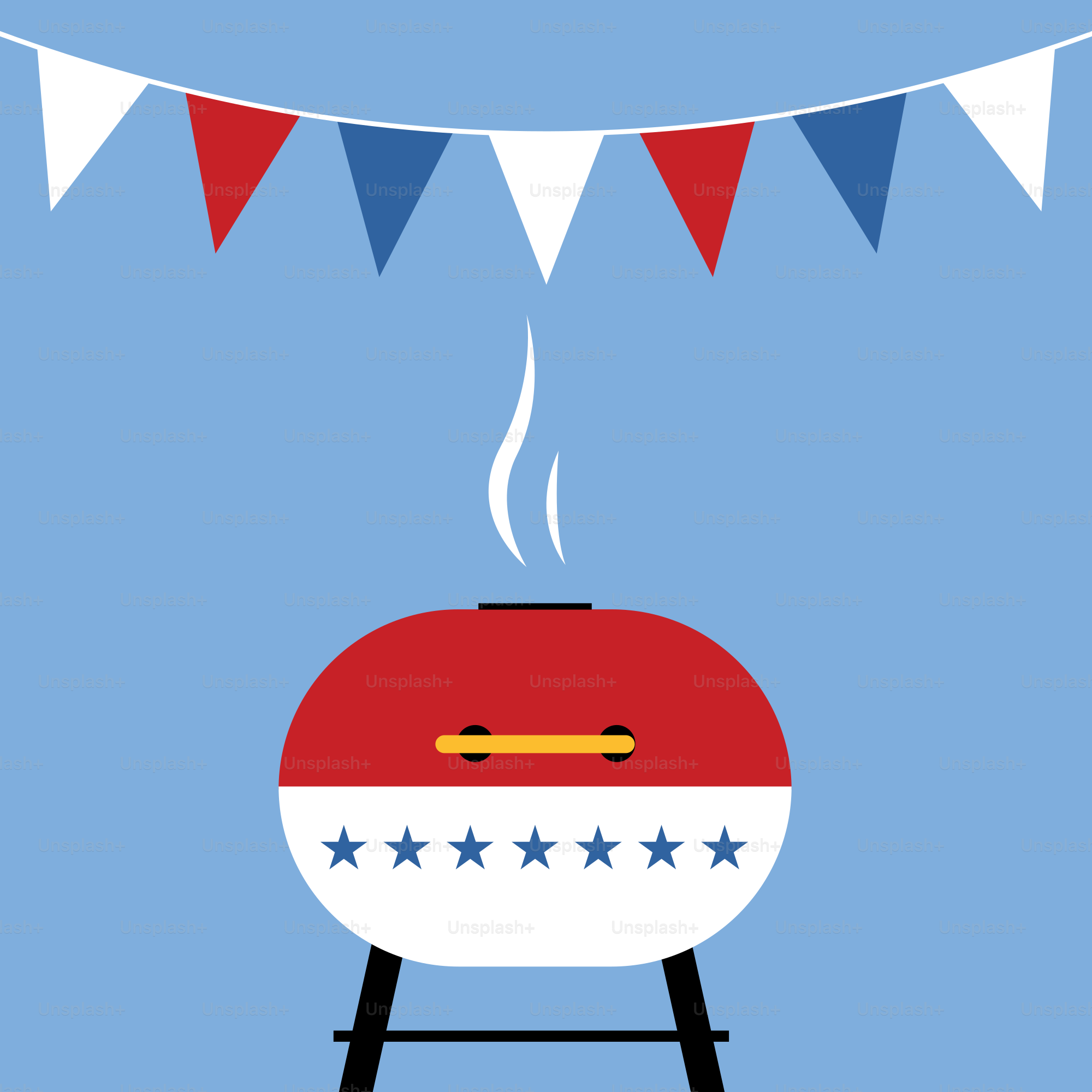 Una parrilla de barbacoa roja, blanca y azul con banderines vector ...