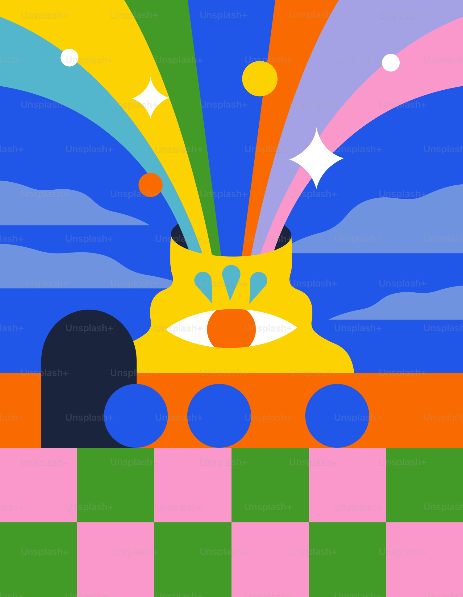 Un'immagine colorata di un gatto con un arcobaleno sullo sfondo ...