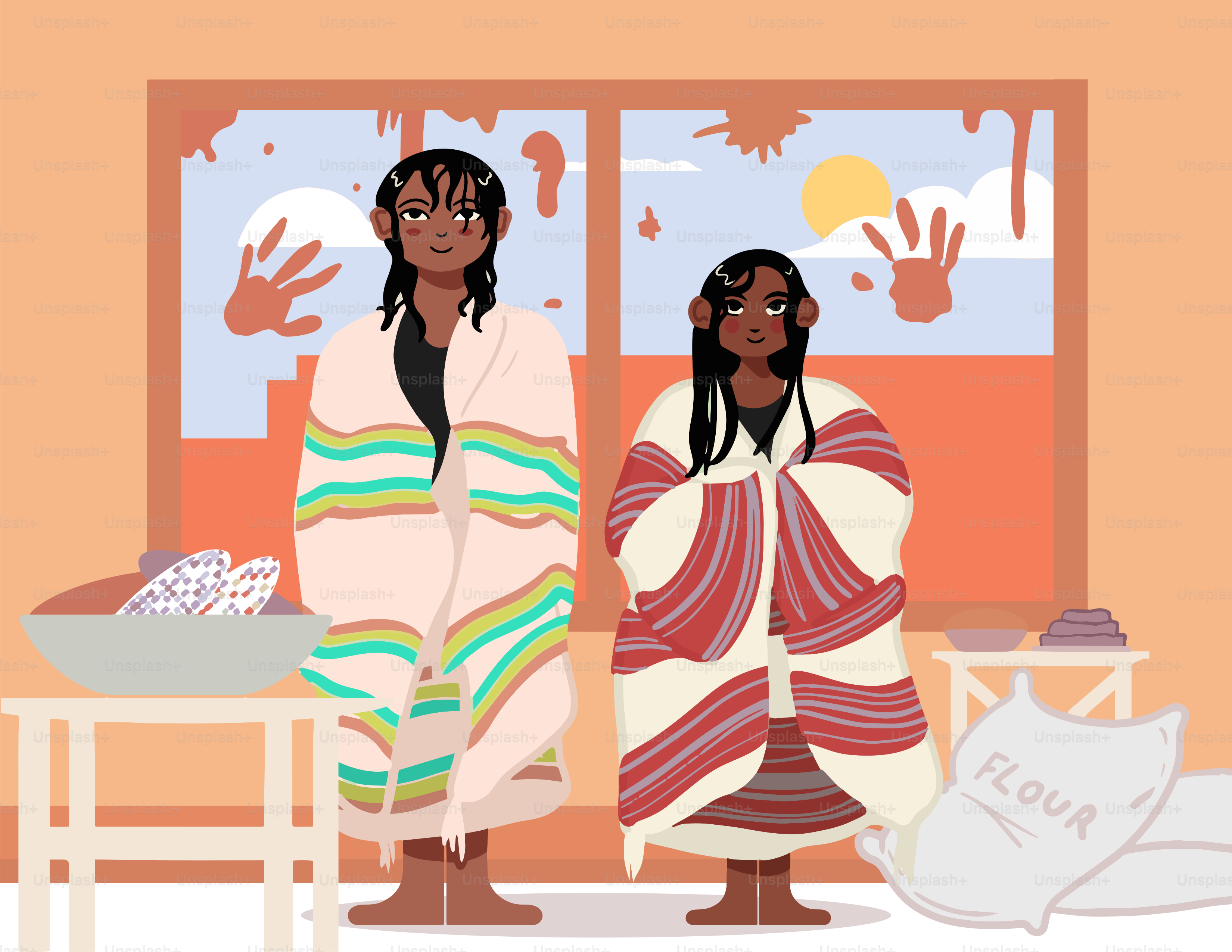 A couple of women standing next to each other vector – Traditional ...