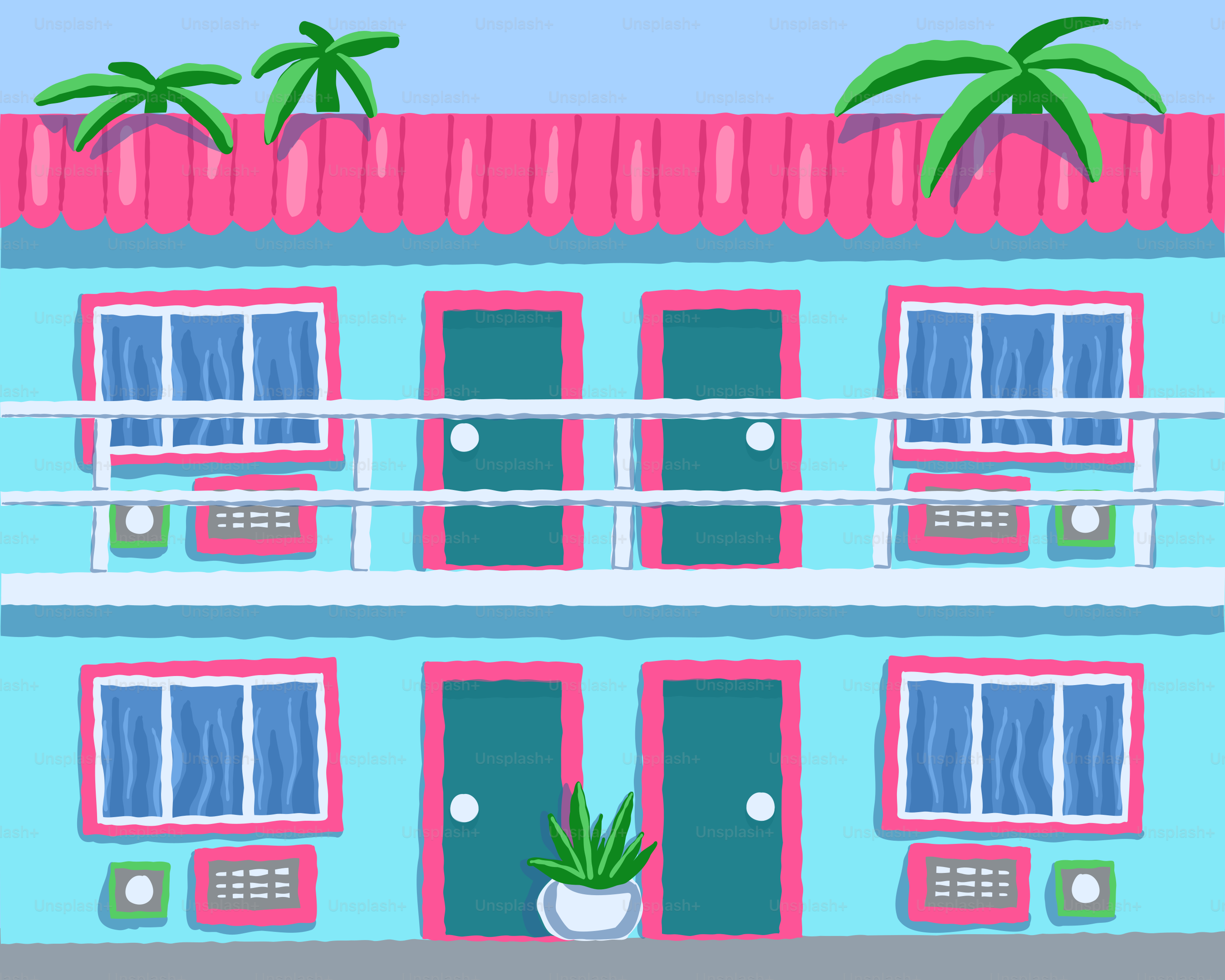 Vektor Bangunan merah muda dan biru dengan atap merah muda – Gambar ...