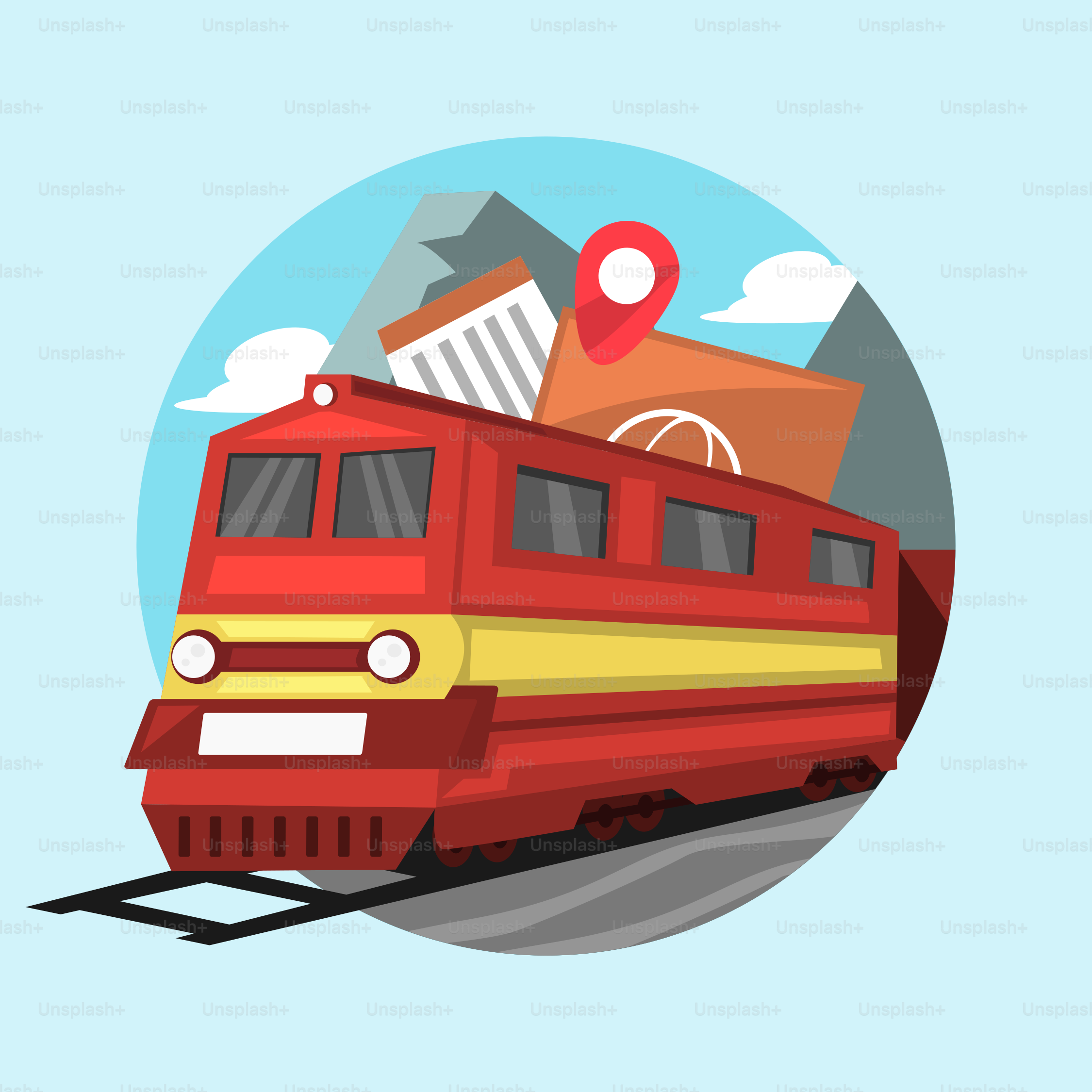 Vektor Kereta merah melaju menyusuri rel kereta di sebelah langit biru ...