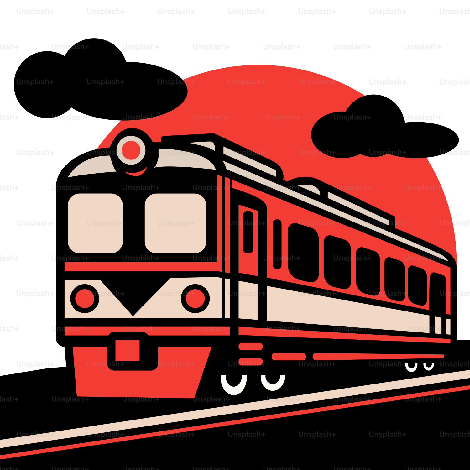 A red and white train traveling down train tracks vector – Train Image ...