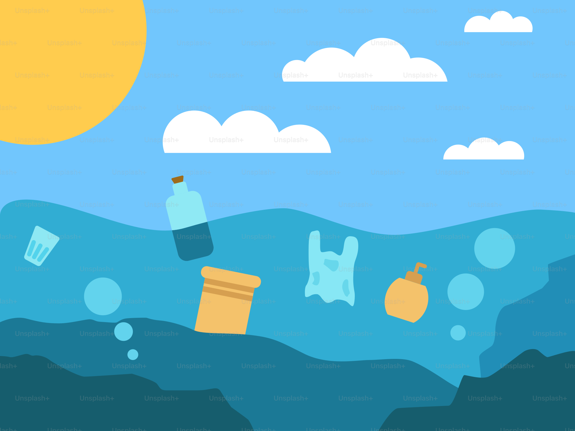 A group of garbage floating on top of a body of water vector – Ocean ...