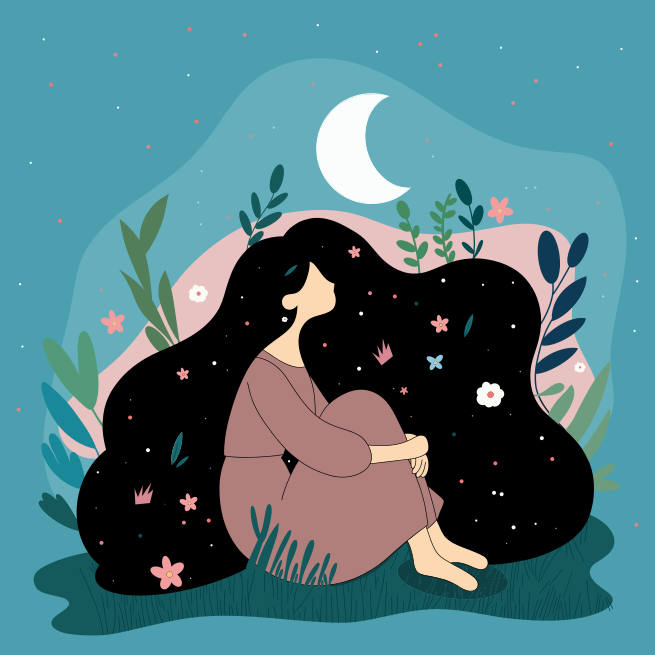 Uma mulher sentada no chão com uma lua ao fundo vetor – Imagem sobre ...