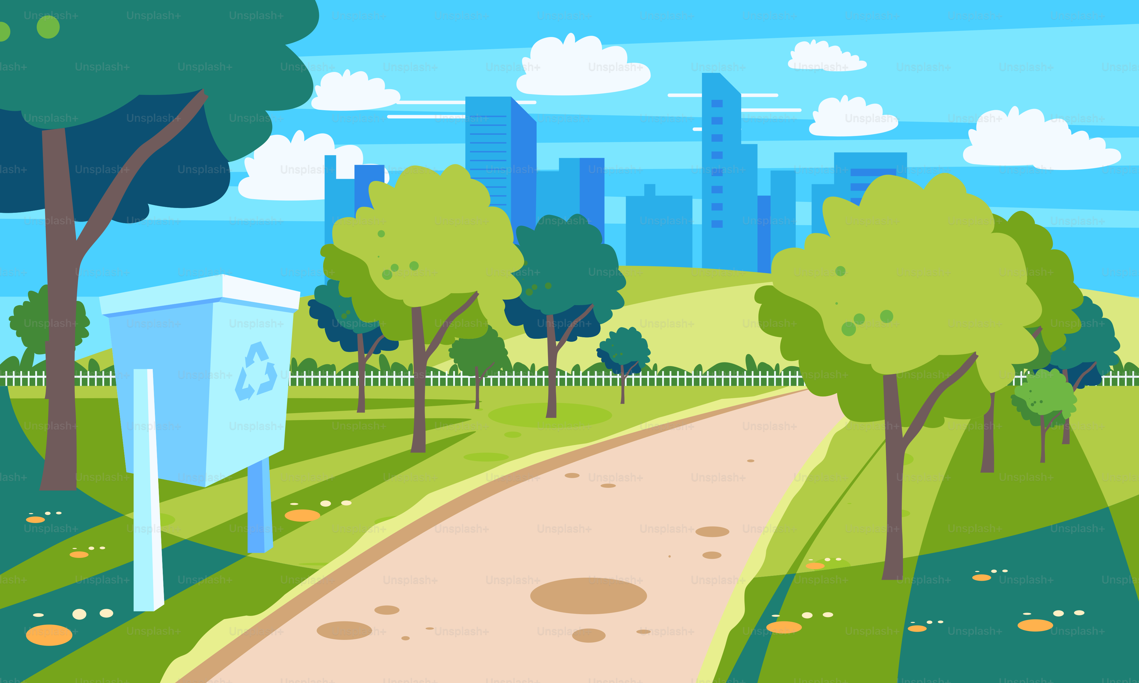 Vektor Kartun taman dengan pepohonan dan jalan setapak – Gambar ...