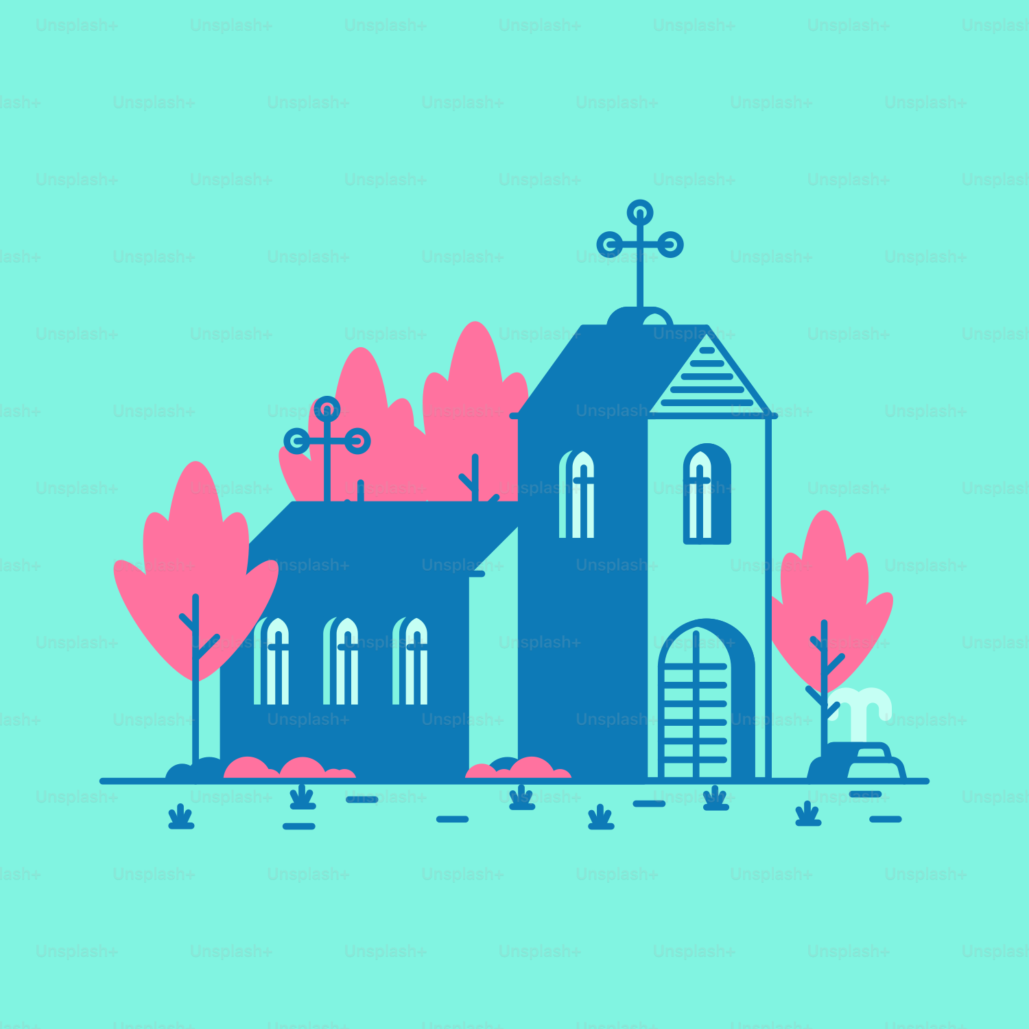A blue and pink church with trees in the background vector – Church ...