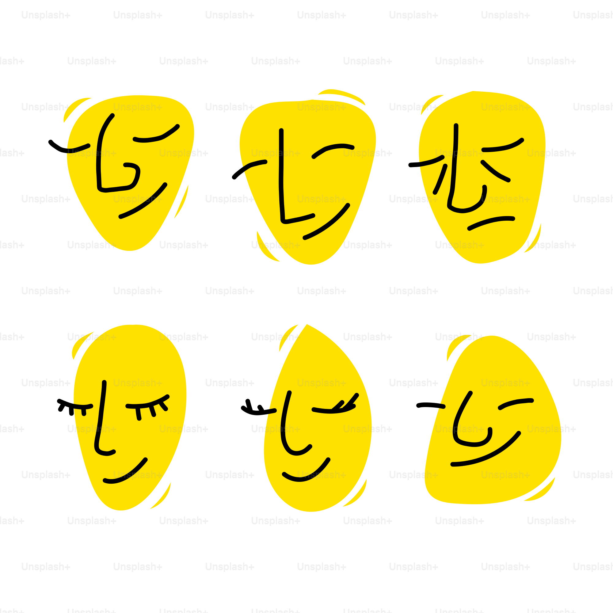 A set of six yellow faces with different expressions vector – Faces ...
