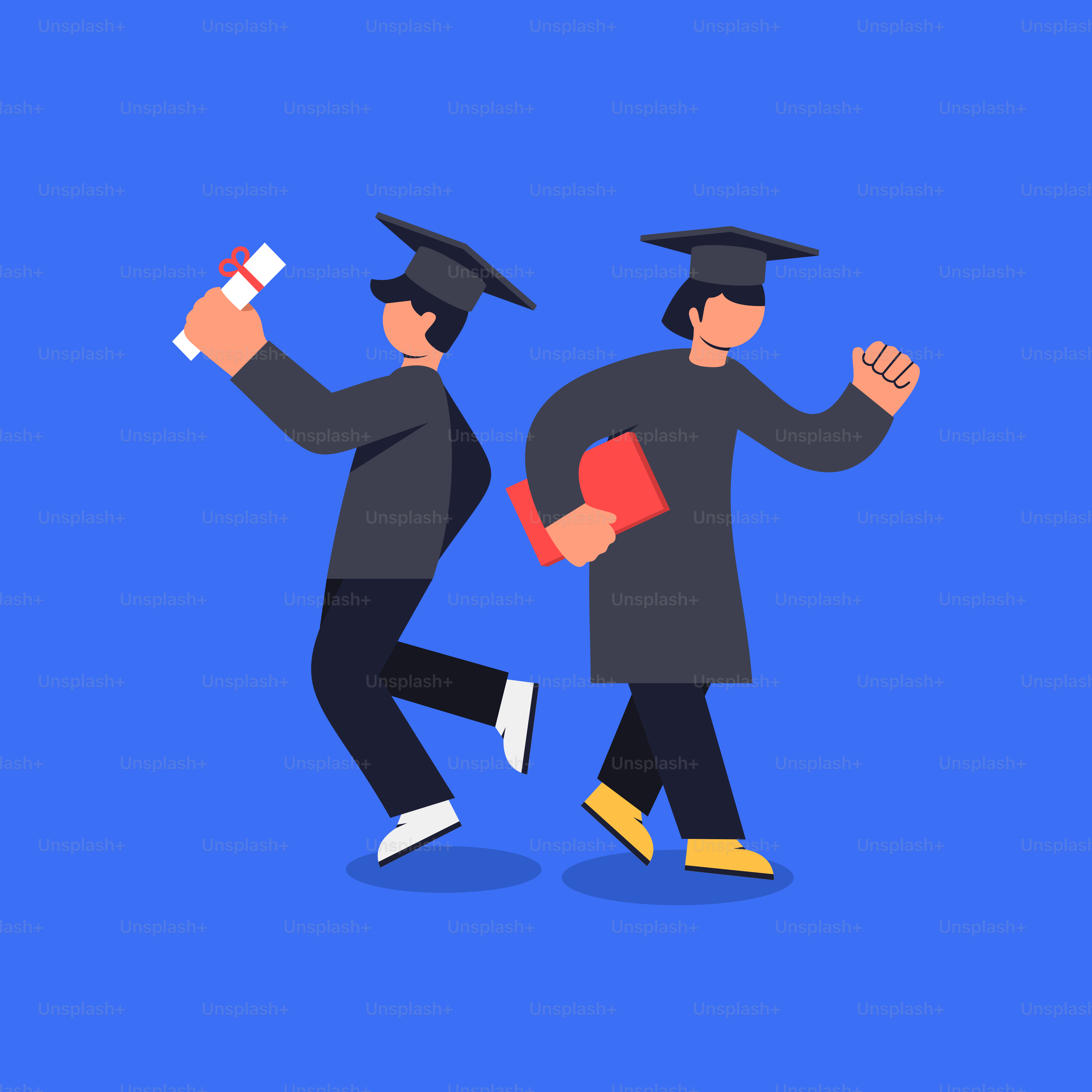 Two people in graduation caps and gowns walking together vector ...