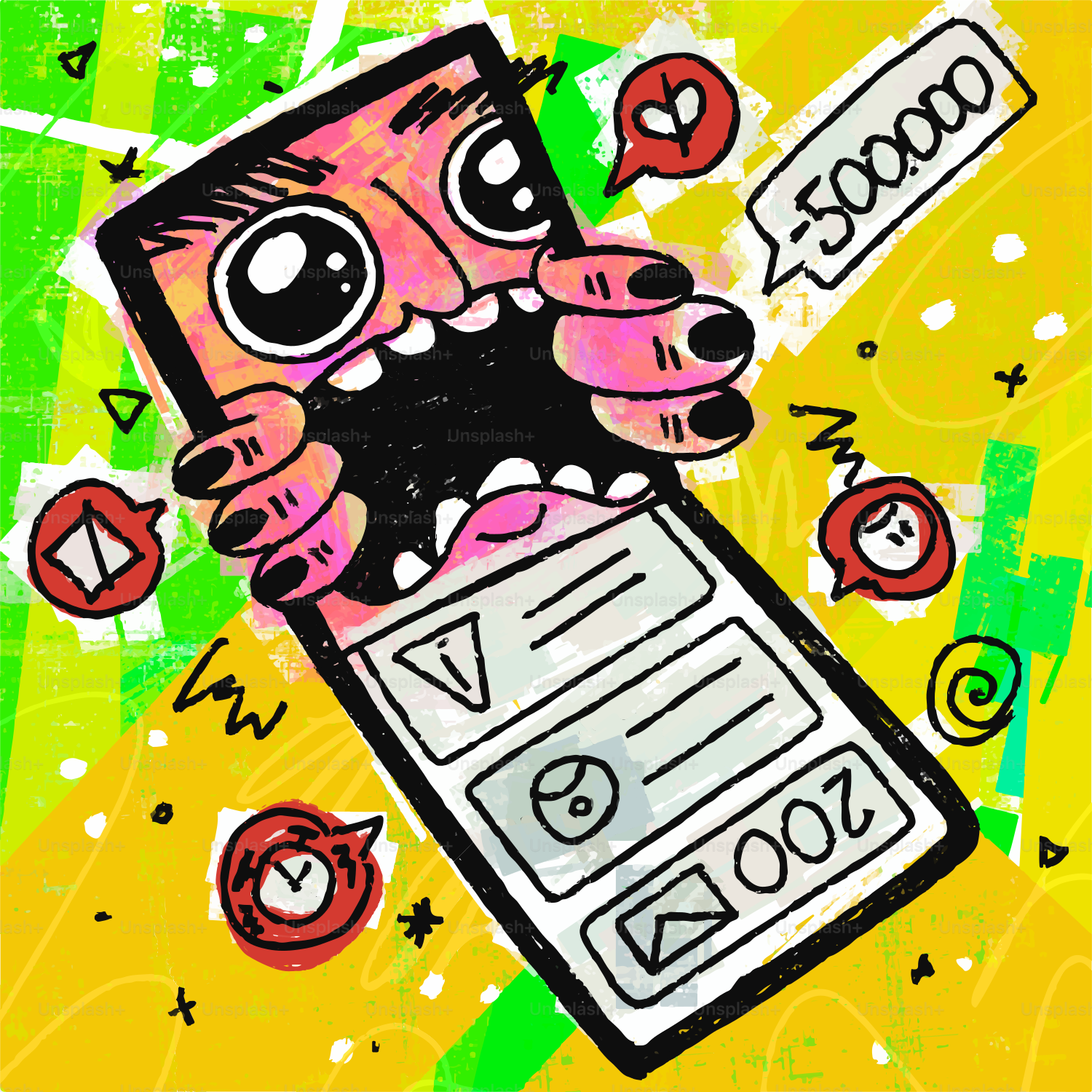 A drawing of a cell phone with a monster face on it vector – Wallpaper ...