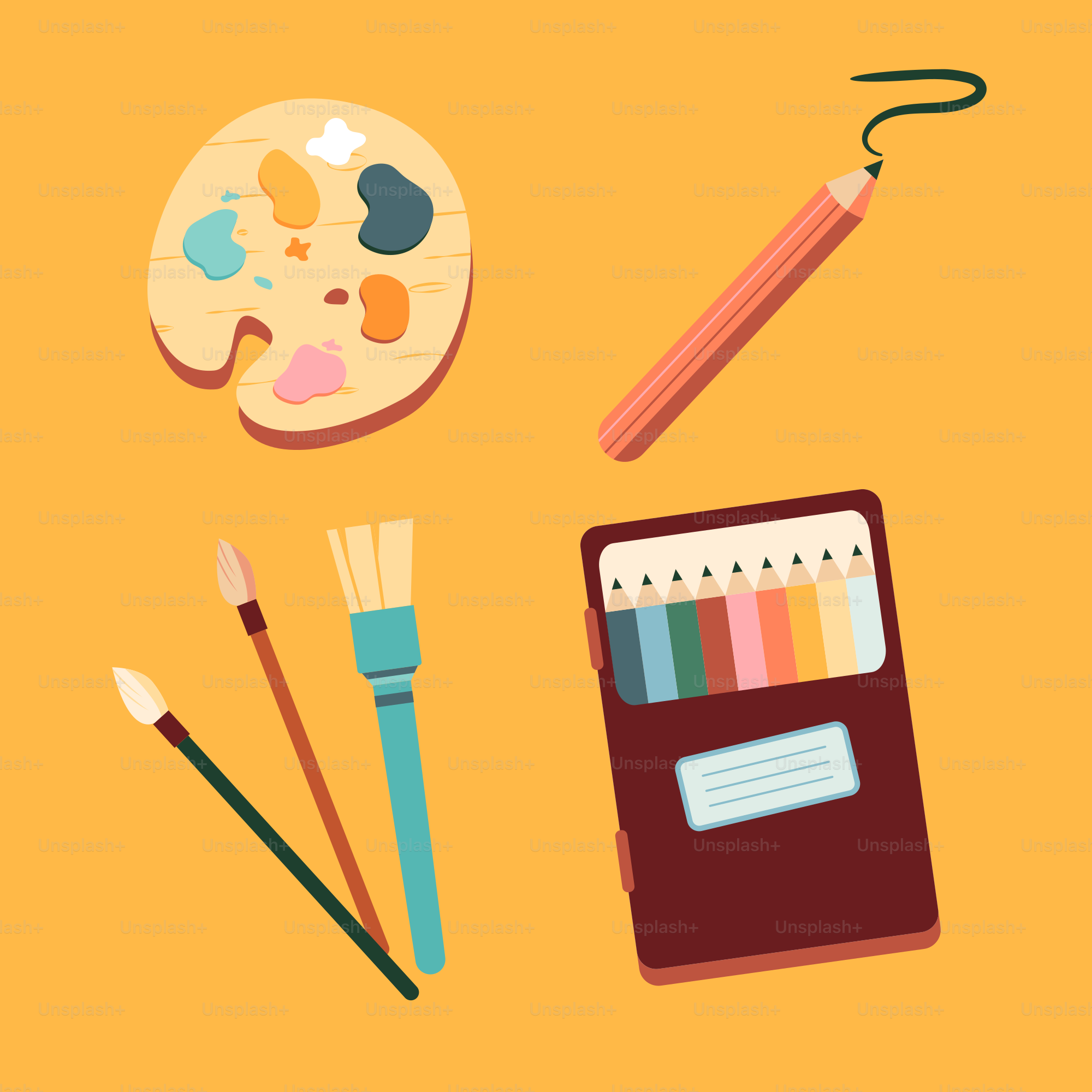 A picture of some art supplies on a yellow background vector – Image on ...