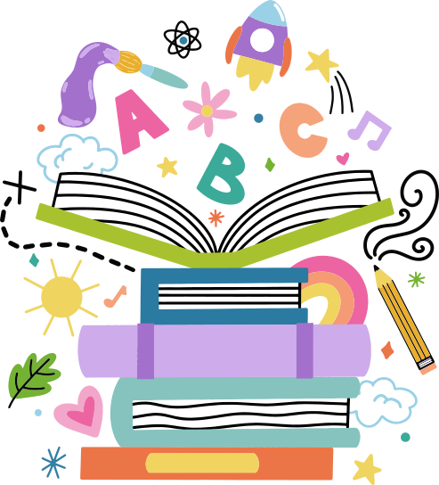 A stack of books with a rocket and letters above it vector – Learning ...