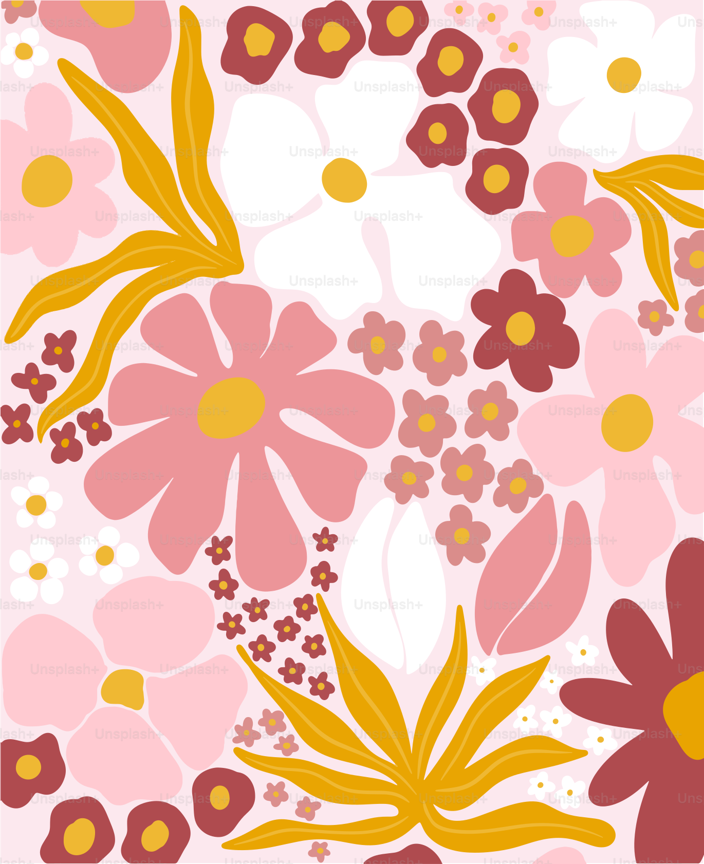 A pink and yellow floral pattern with yellow dots vector – Flowers ...