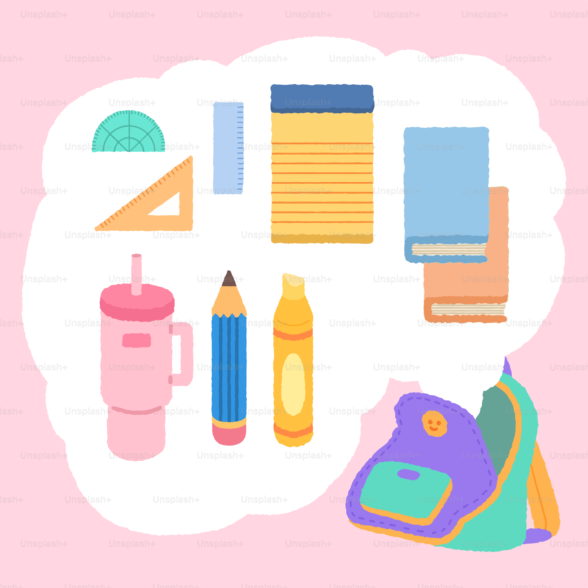 A pink background with school supplies on it vector – Backpack Image on ...