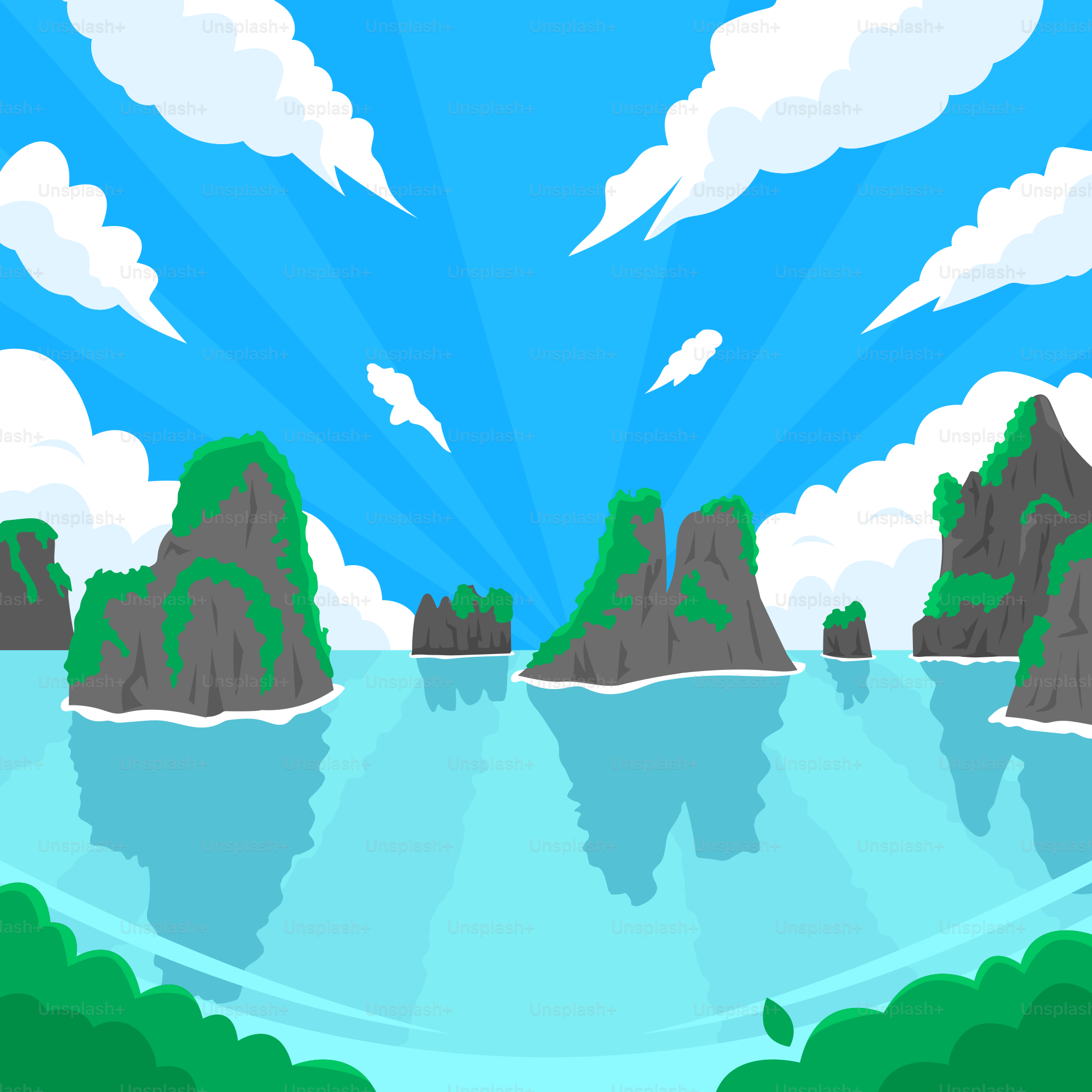 Una escena de dibujos animados de un lago rodeado de montañas vector ...