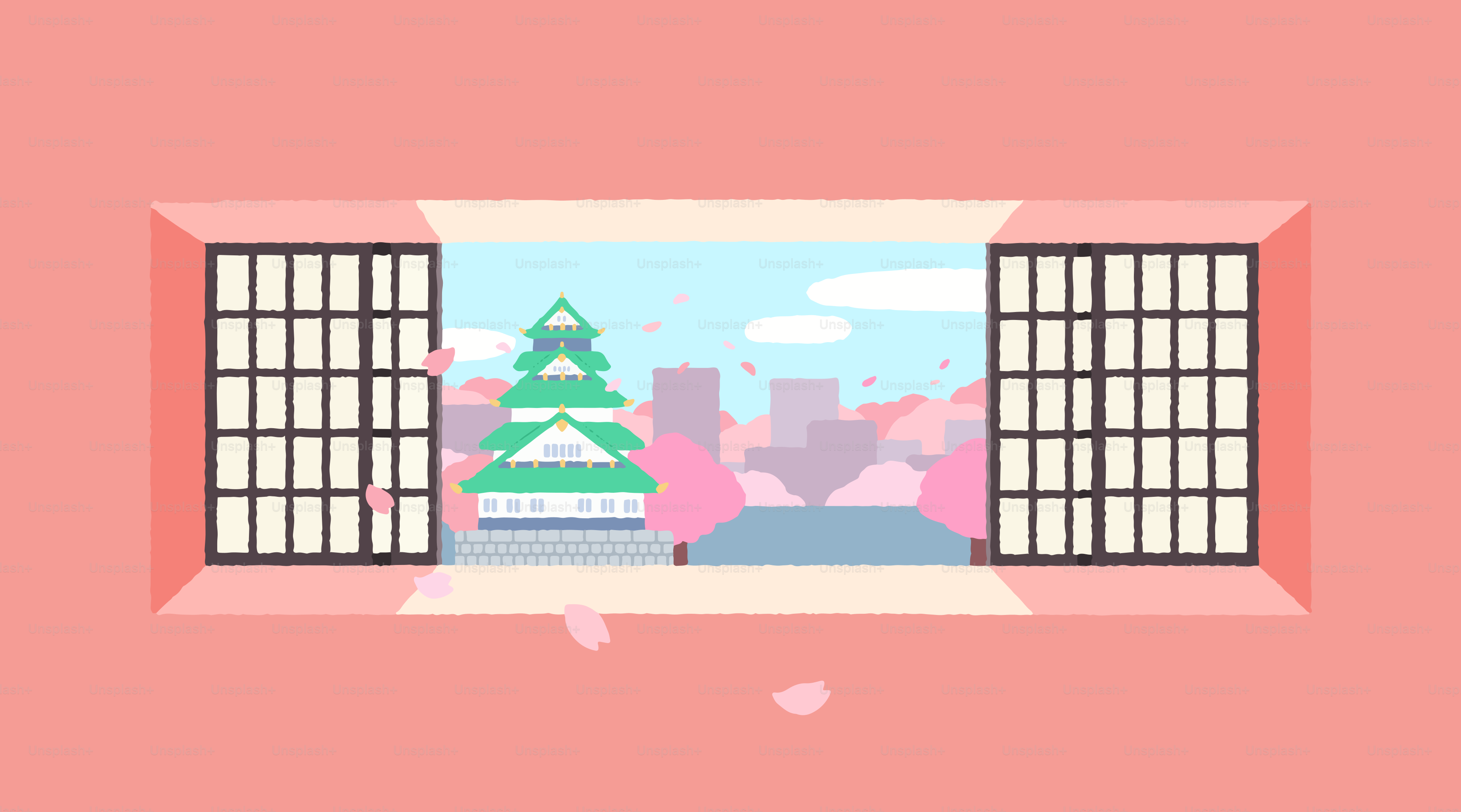 Vektor Ruangan merah muda dengan jendela dan pohon natal – Gambar ...