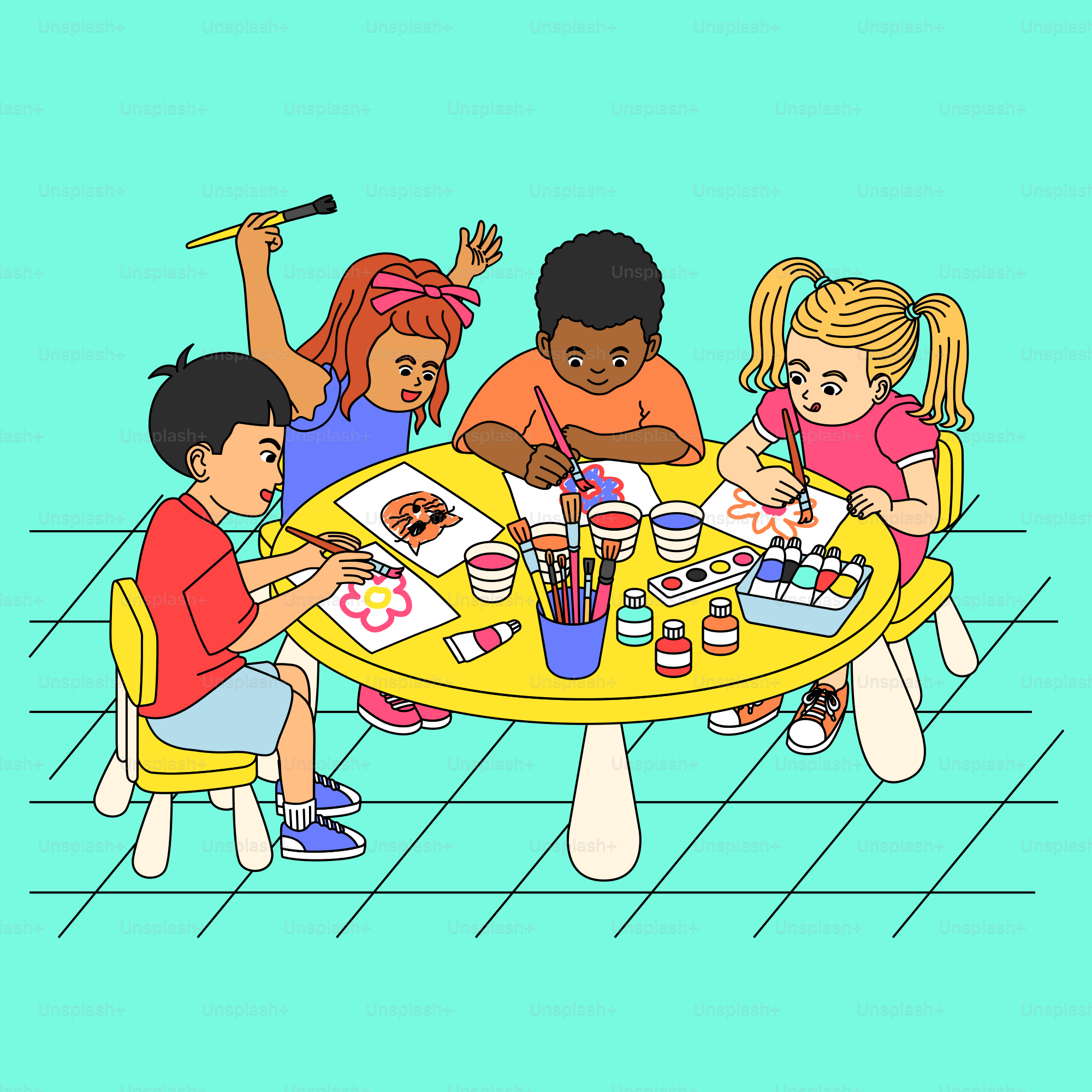A group of children sitting around a table vector – Kindergarden Image ...