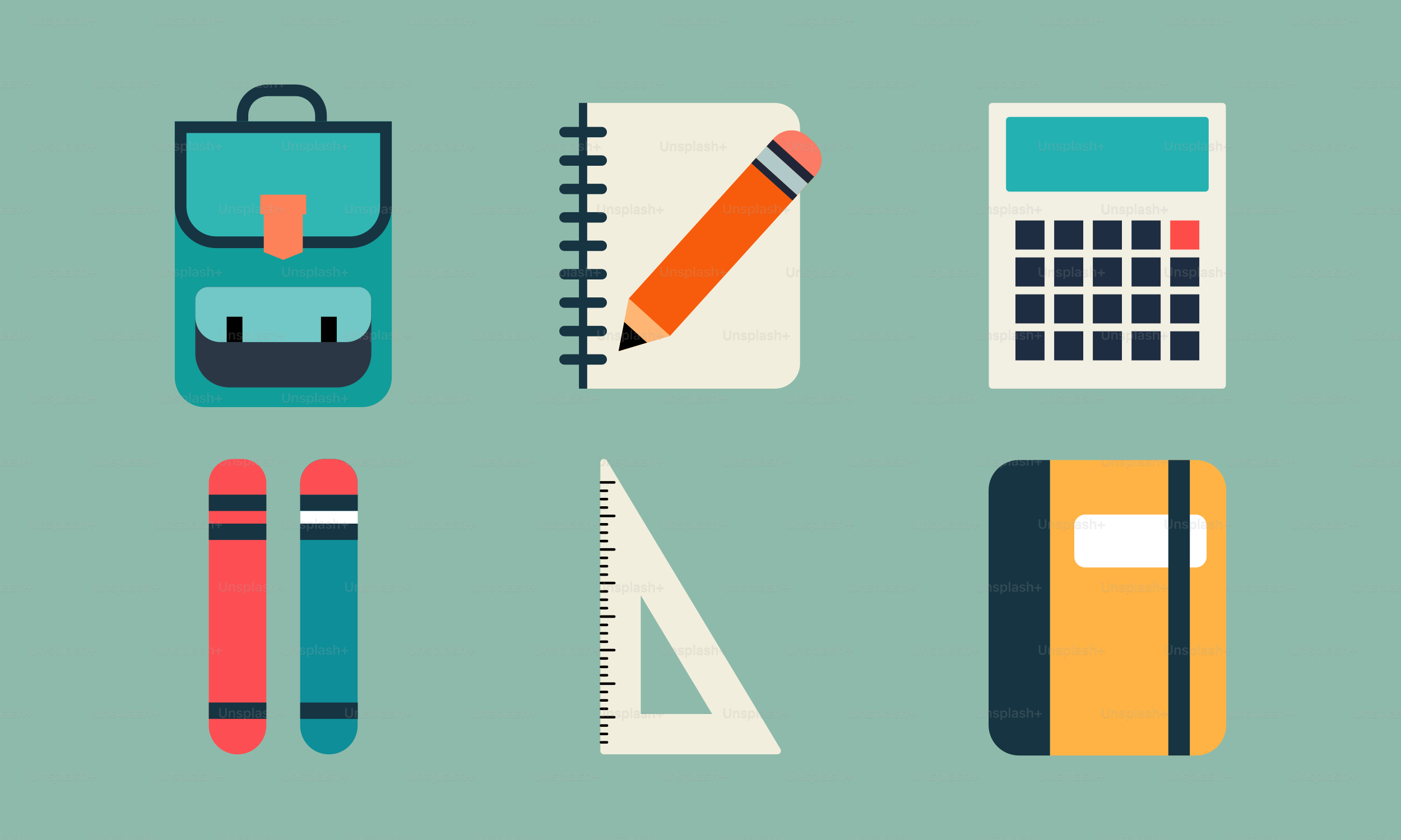 A set of school supplies including a notebook, pencil, ruler, ruler ...