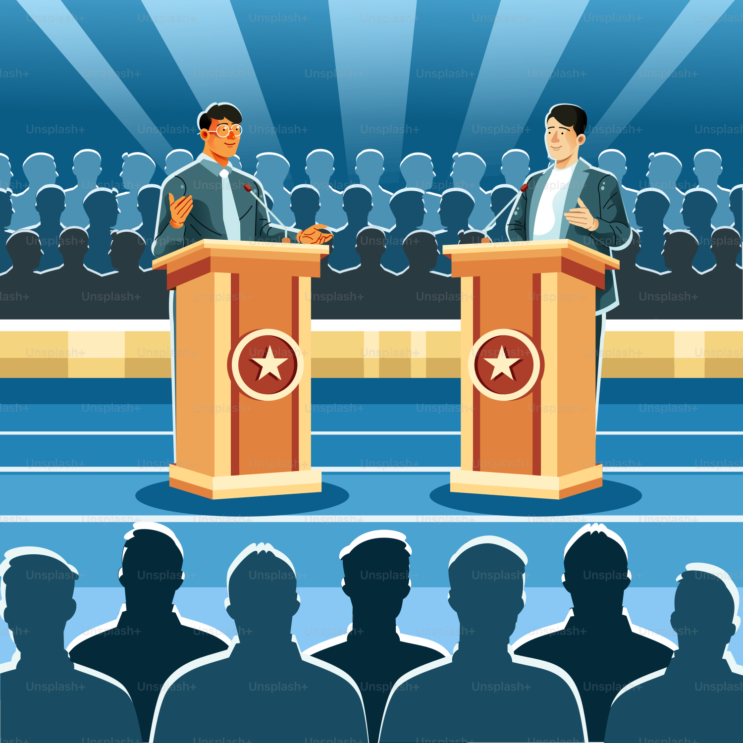 Two men standing at podiums in front of a crowd of people vector ...