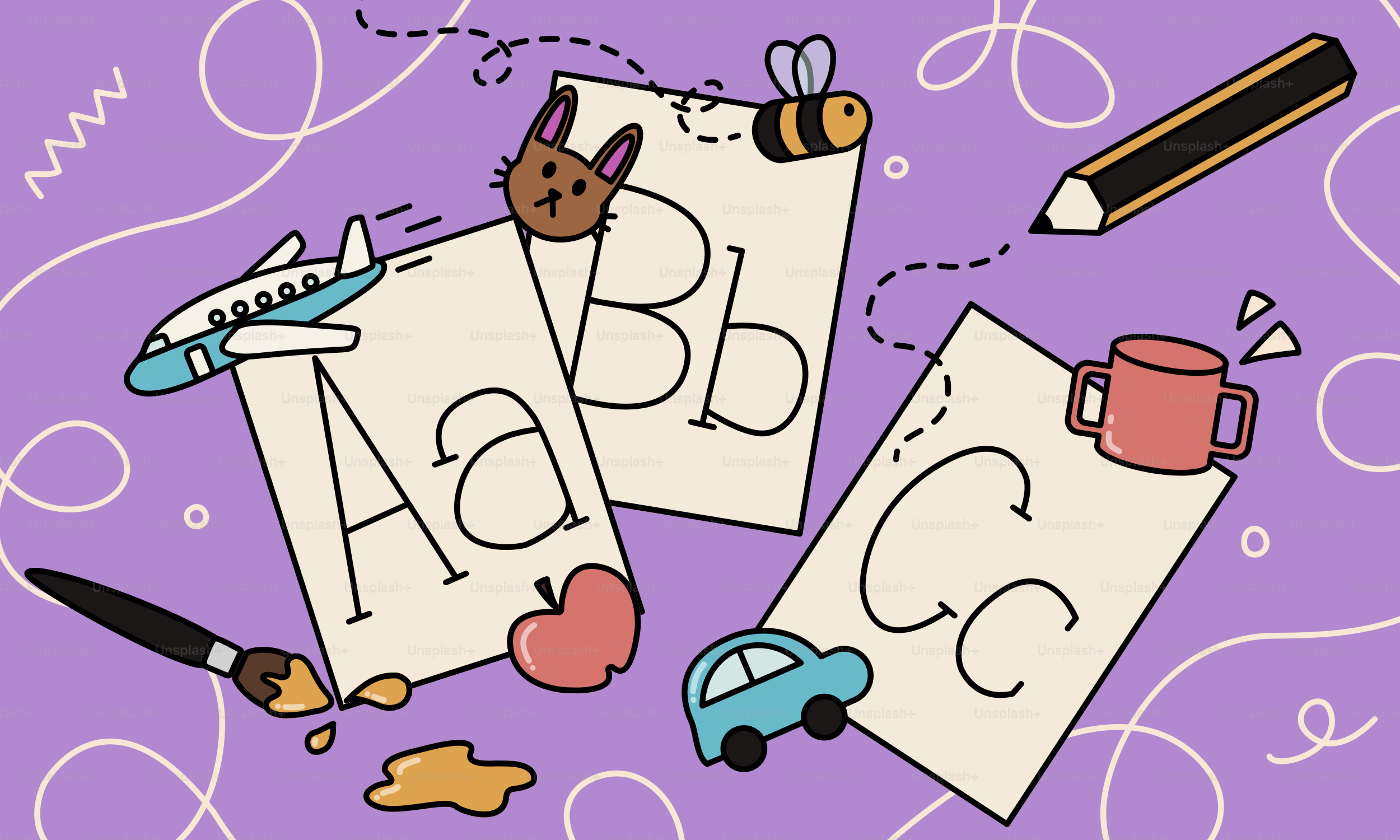 A purple background with a picture of a bee, a cup of coffee, and ...