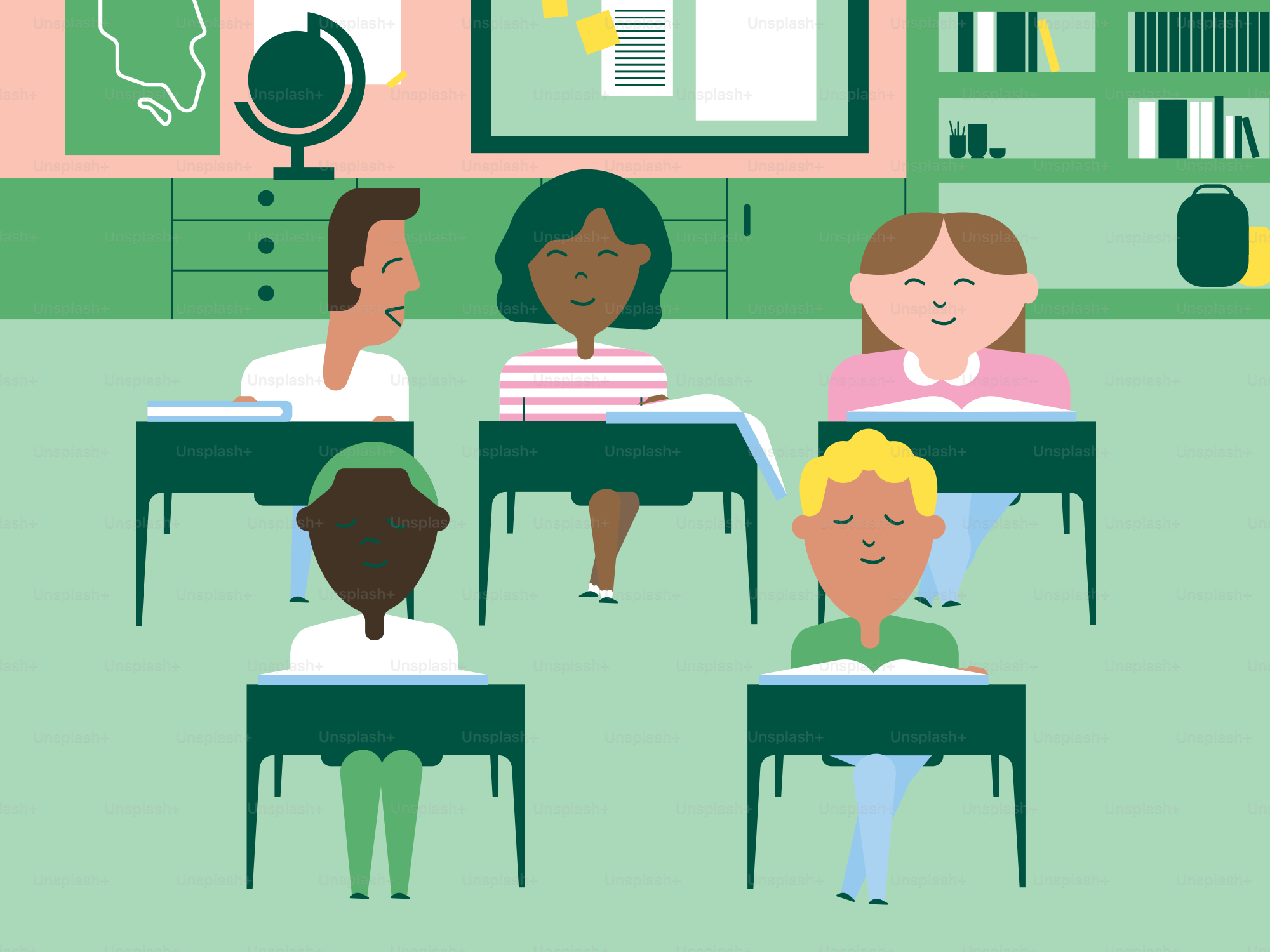 A group of people sitting at desks in a classroom vector – School Image ...