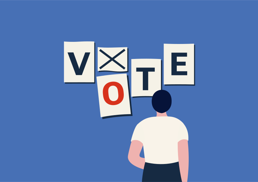 A man standing in front of a blue wall with a vote sign above it vector ...