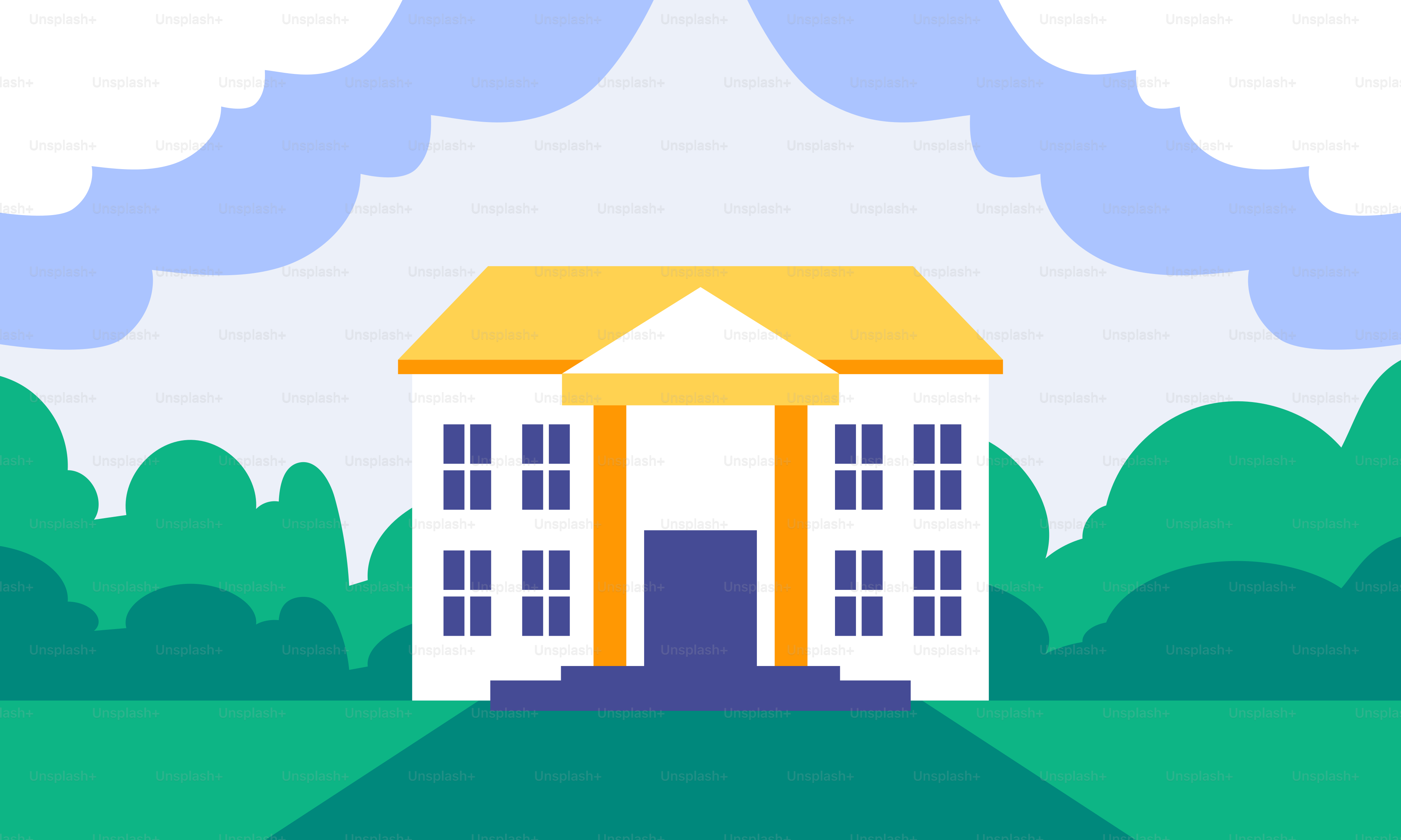 Vektor Rumah putih dengan atap kuning di lapangan hijau – Gambar ...