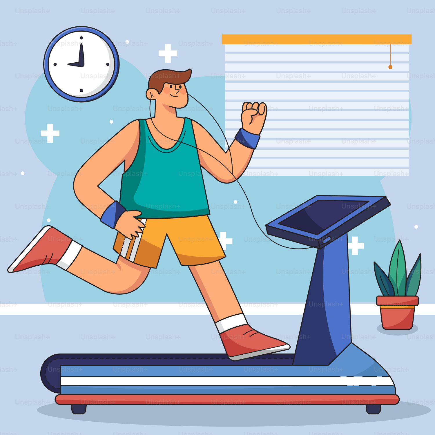 Un hombre corriendo en una cinta de correr con un reloj al fondo vector ...