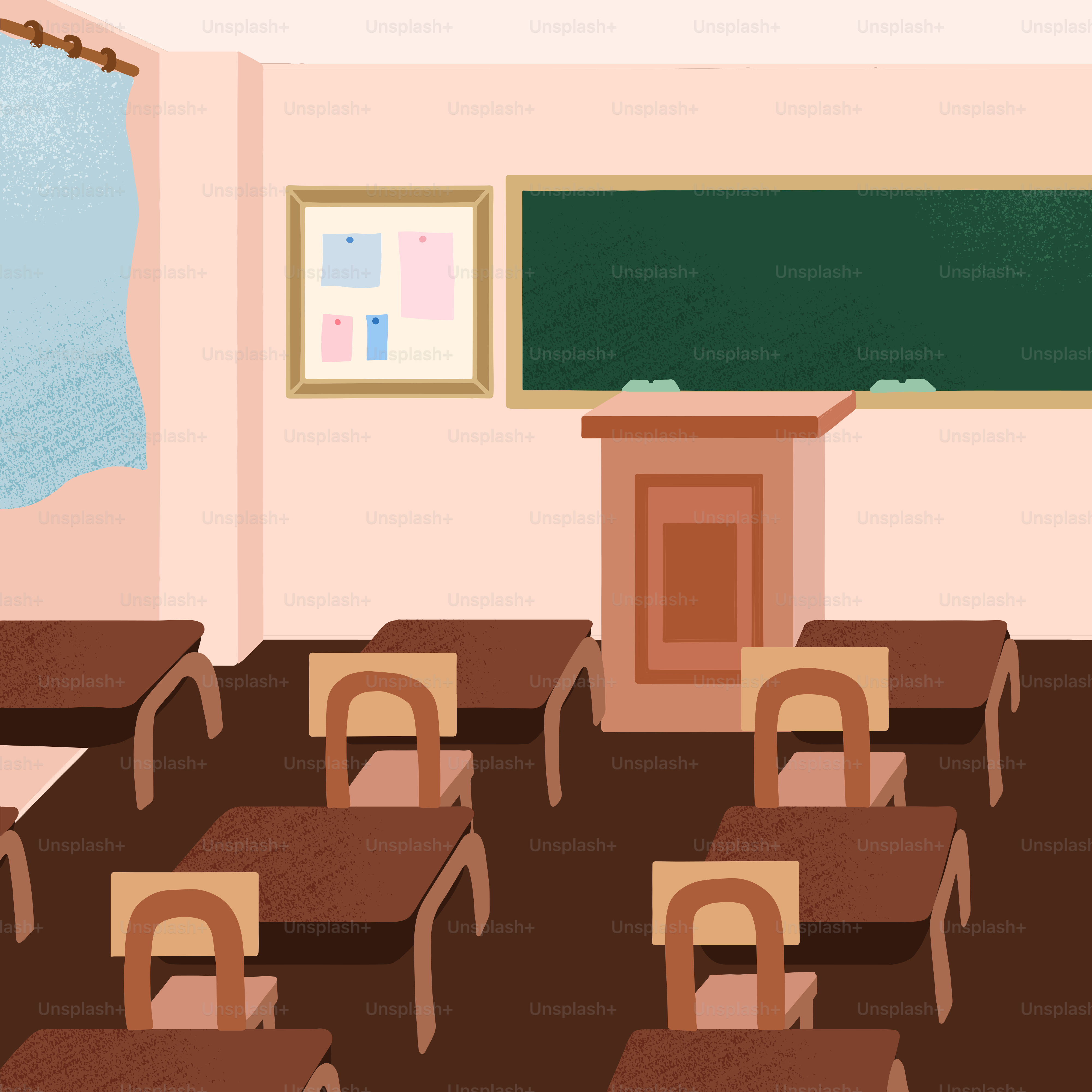 A classroom with desks and a chalk board vector – Green board Image on ...