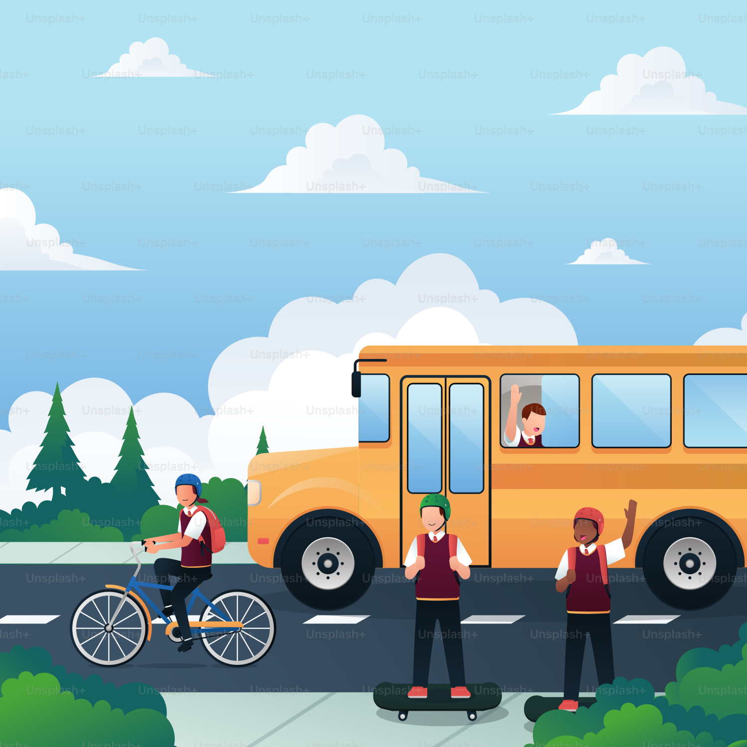 A school bus driving down a road next to a man on a bike vector ...