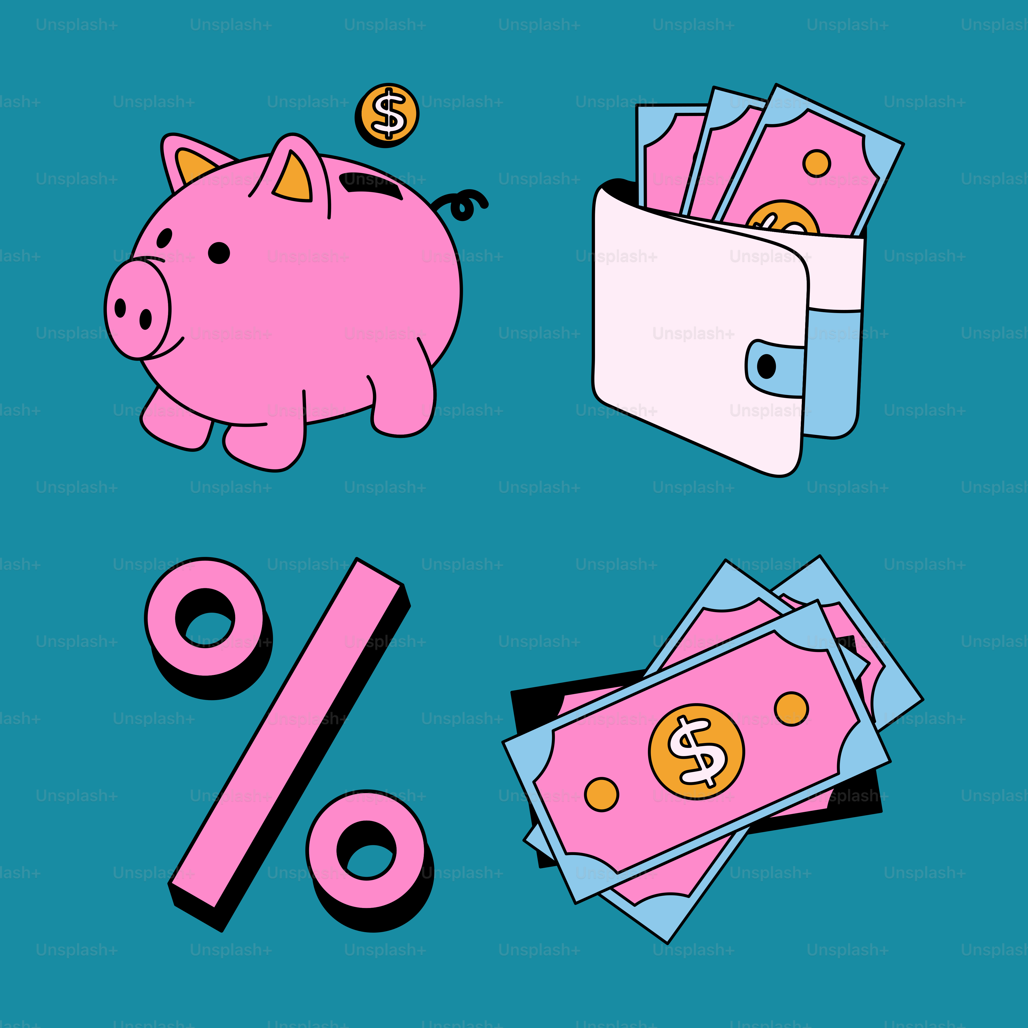 A pink piggy bank sitting next to a pile of money vector – Banking ...