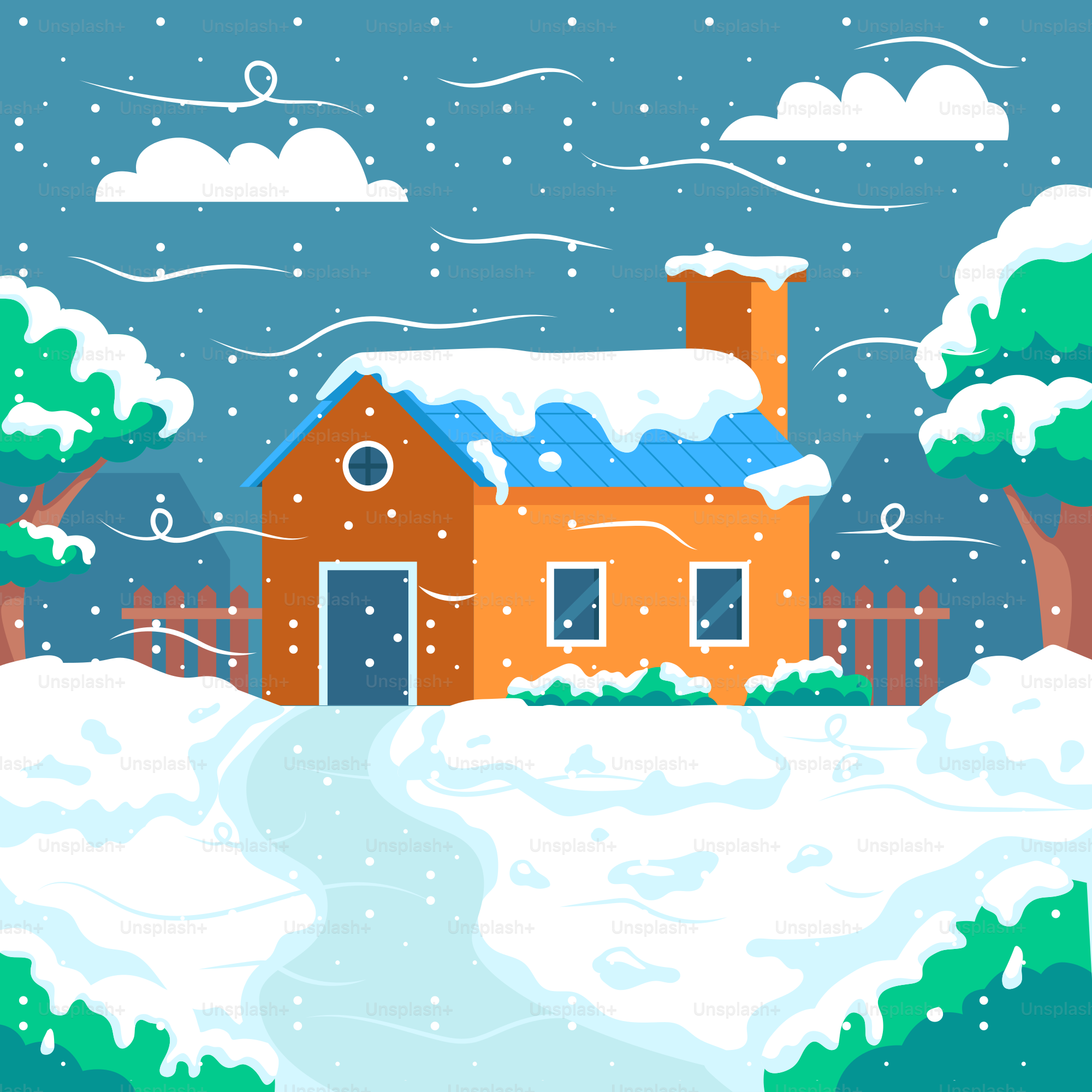 Un paisaje nevado con una casa y árboles vector – Imagen de Ventiscas ...